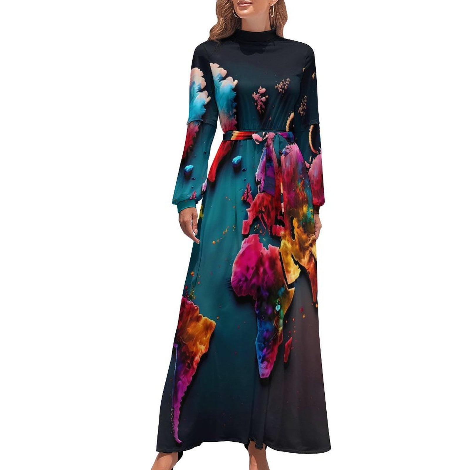 World Map Dress Long Sleeve Cities Roads Lakes and Rivers Maxi Dress ...