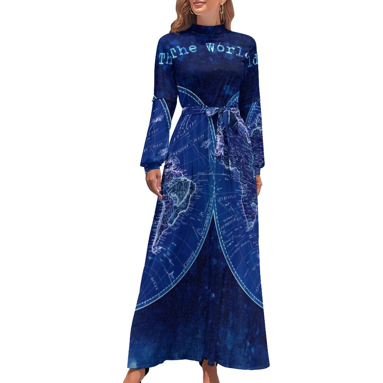 World Map Dress Long Sleeve Cities Roads Lakes and Rivers Maxi Dress ...
