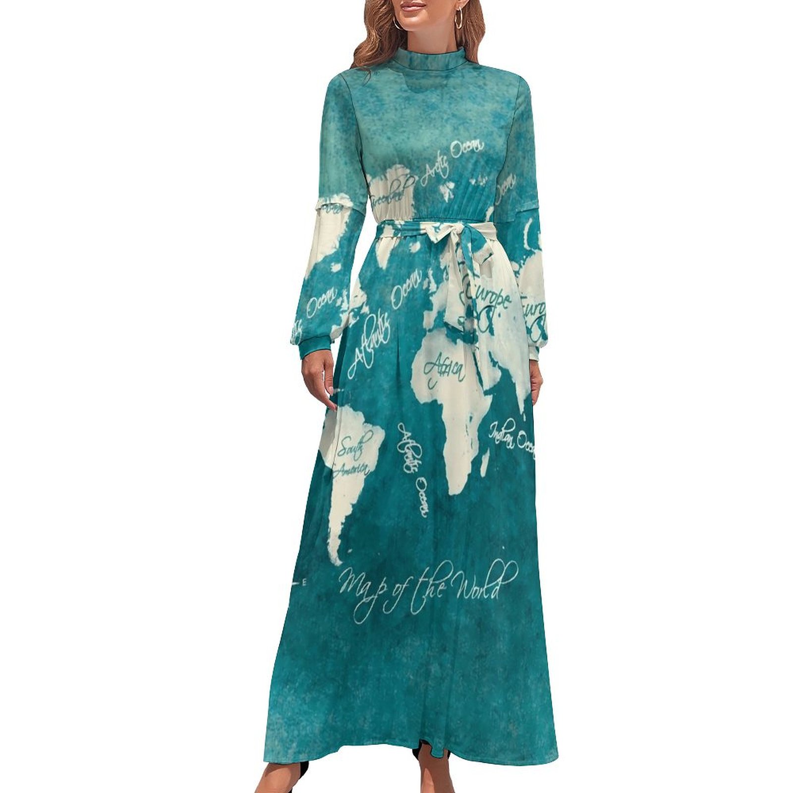 World Map Dress Long Sleeve Cities Roads Lakes and Rivers Maxi Dress ...