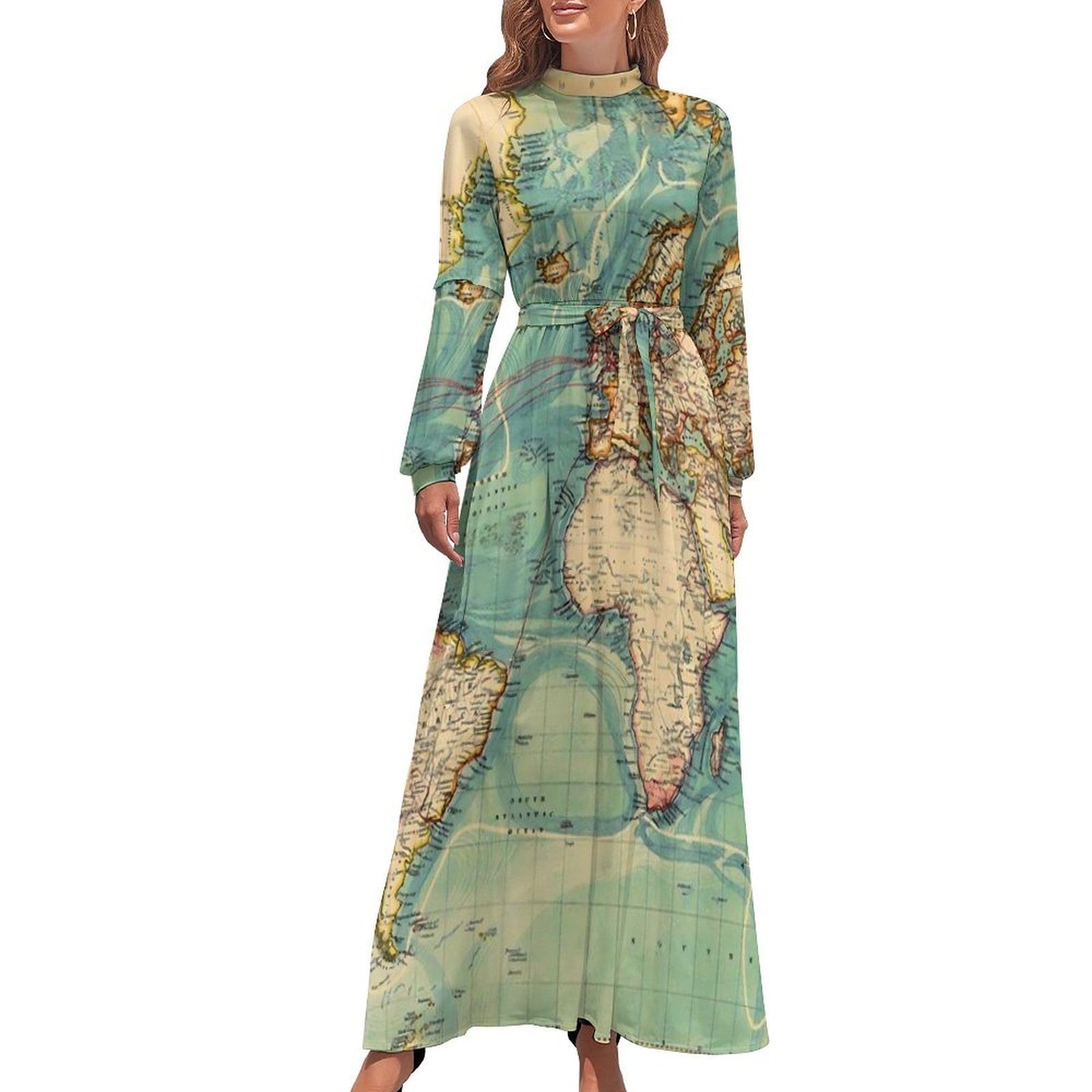 World Map Dress Long Sleeve Cities Roads Lakes and Rivers Maxi Dress ...