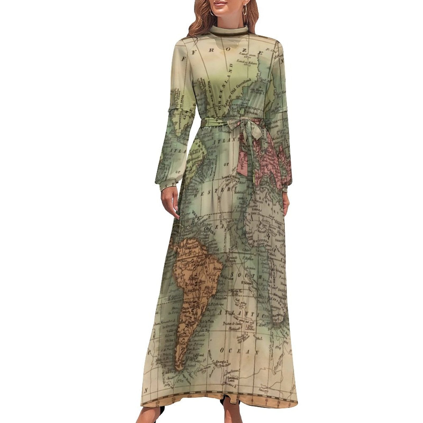 World Map Dress Long Sleeve Cities Roads Lakes and Rivers Maxi Dress ...