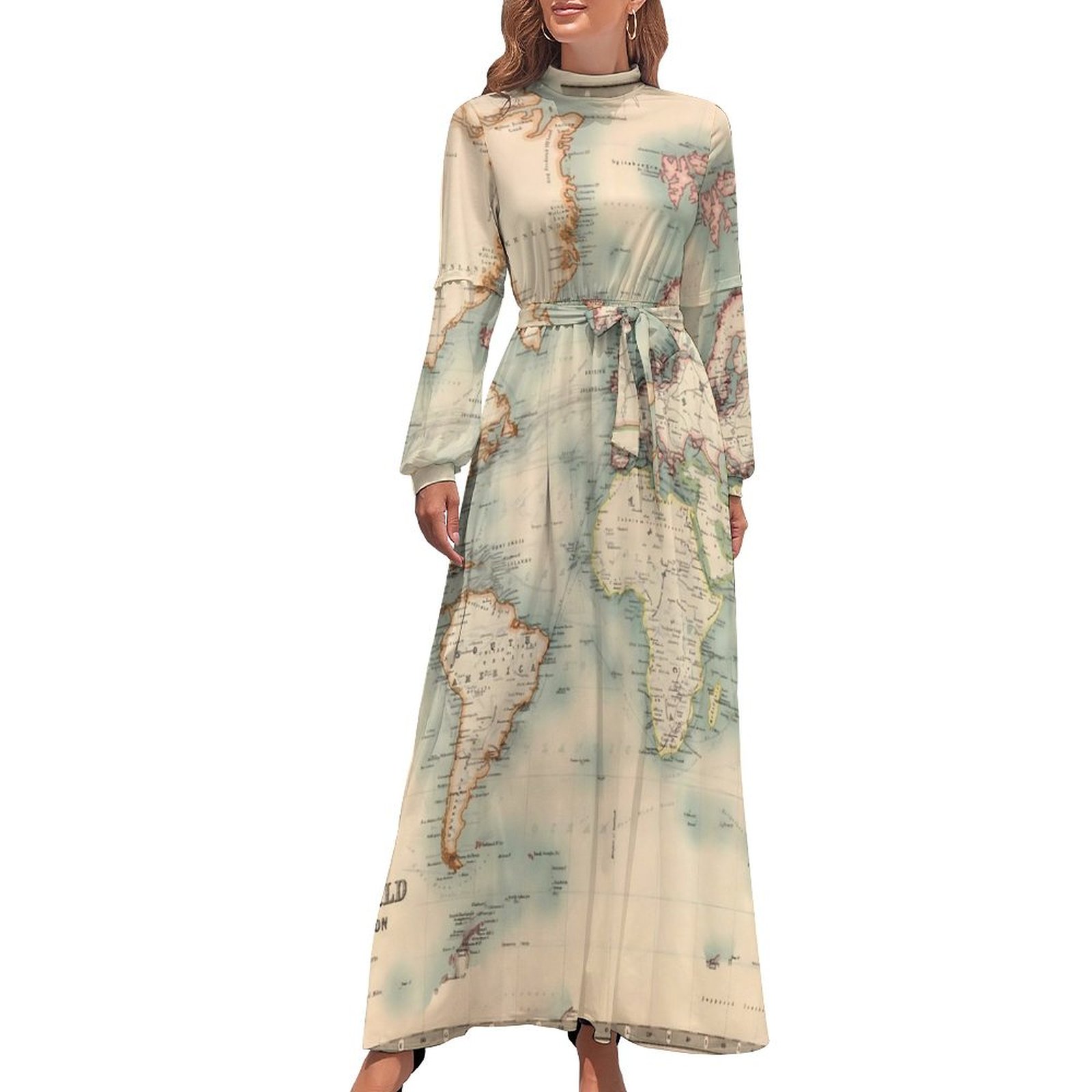 World Map Dress Long Sleeve Cities Roads Lakes and Rivers Maxi Dress ...