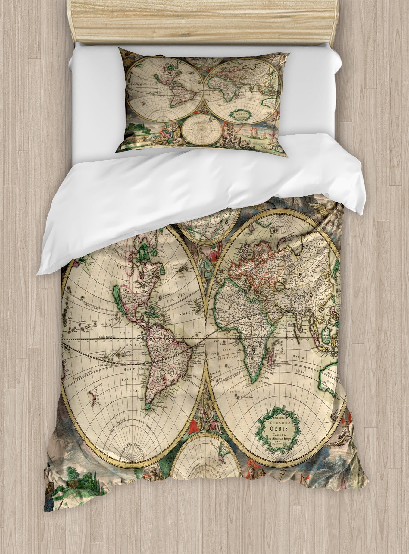 World Map Duvet Cover Set, Antique Design with Renaissance Continents ...