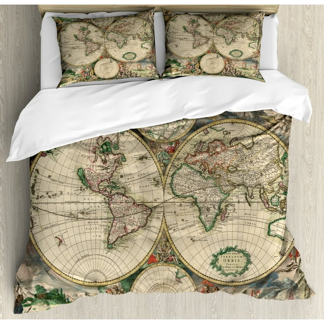 World Map Duvet Cover Set, Antique Design with Renaissance Continents ...