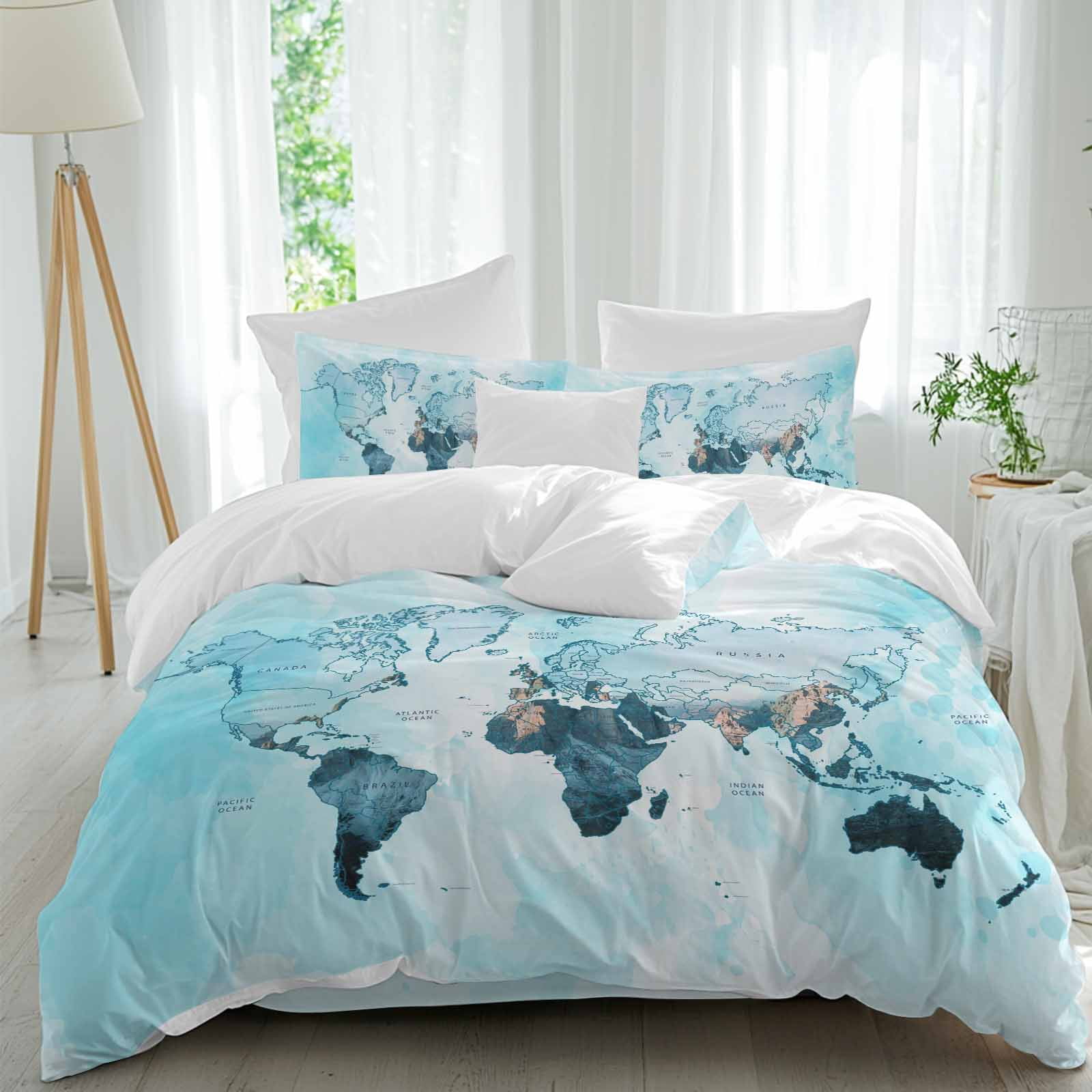 World Map Duvet Cover Set Queen Size, Blue Map Abstract 4 Piece Soft ...