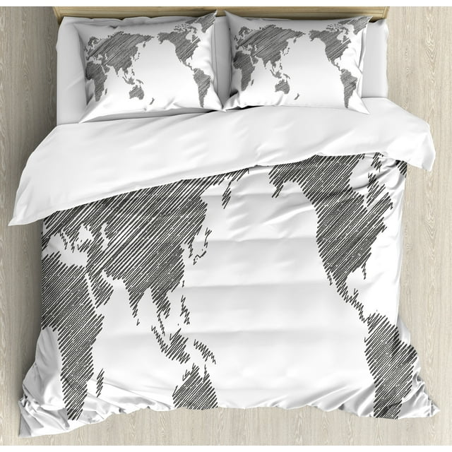 World Map Duvet Cover Set, Sketchy Striped Continents Cartography ...