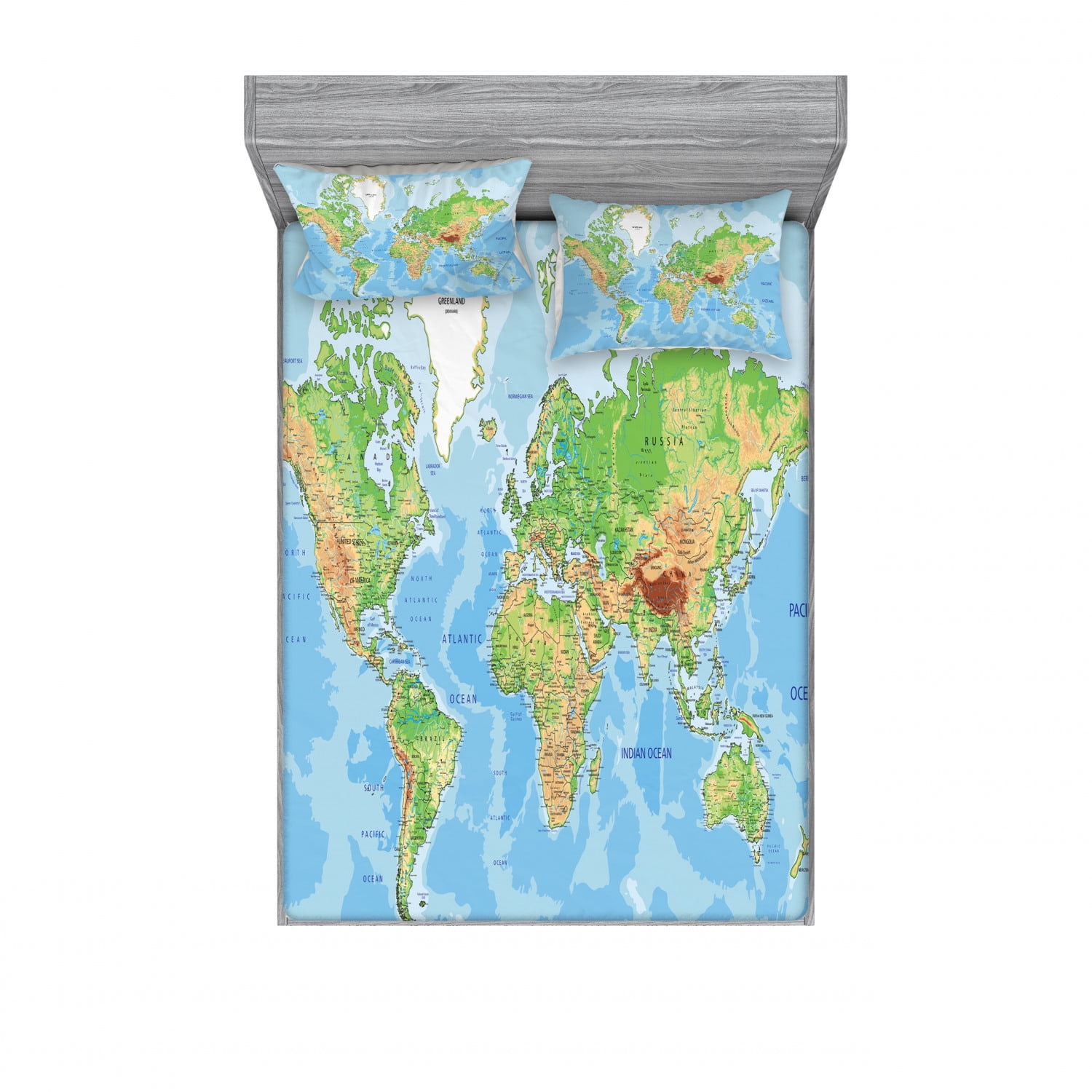 World Map Fitted Sheet & Pillow Sham Set, Topographic Map of The World ...