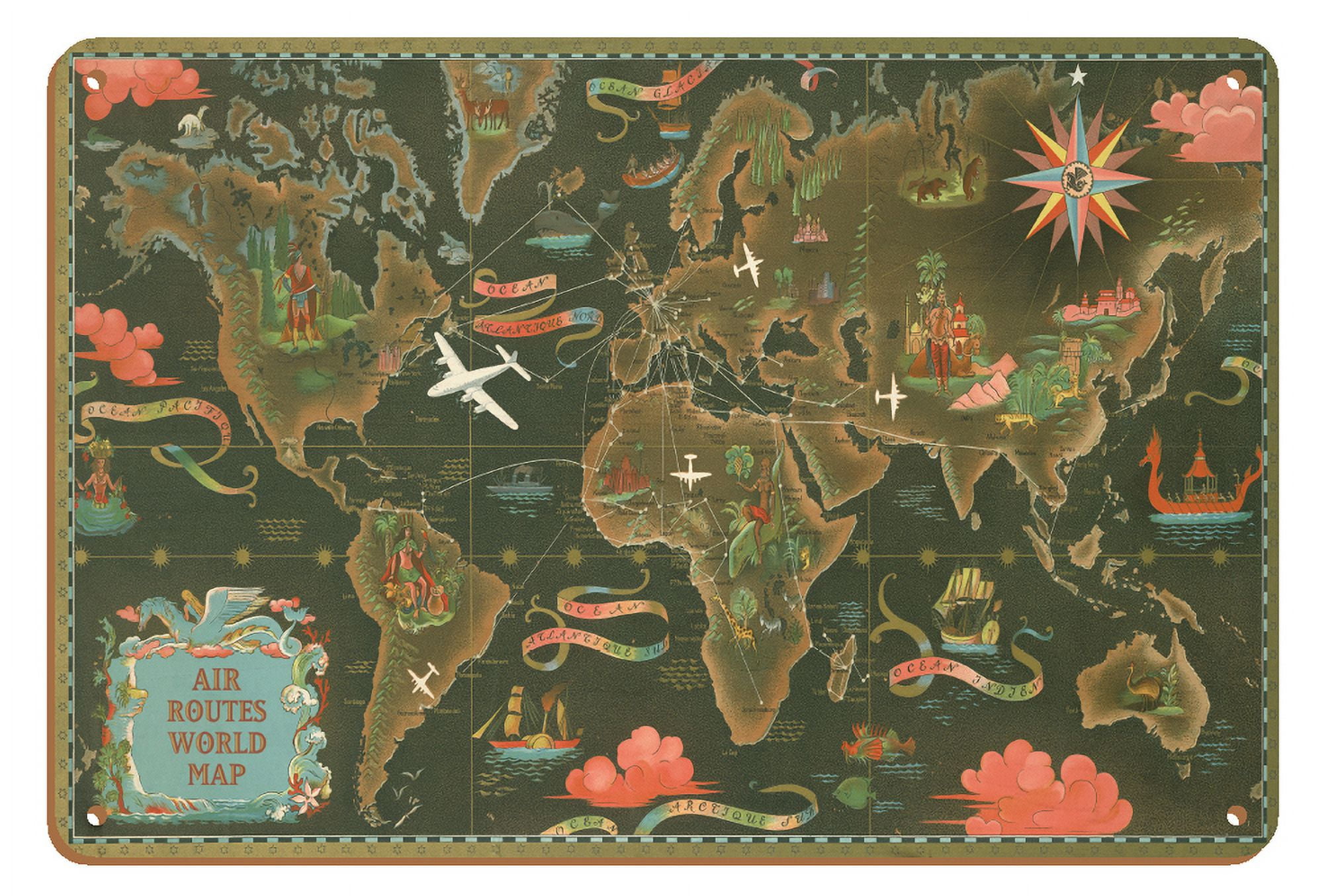 World Map - Fly Routes World Map - Planisphere - Vintage Airline Travel ...