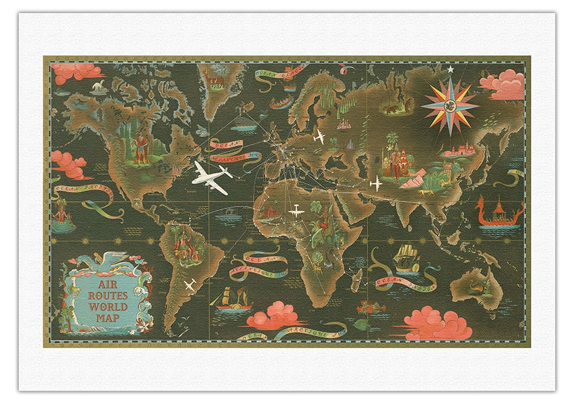 World Map - Fly Routes World Map - Planisphere - Vintage Airline Travel ...