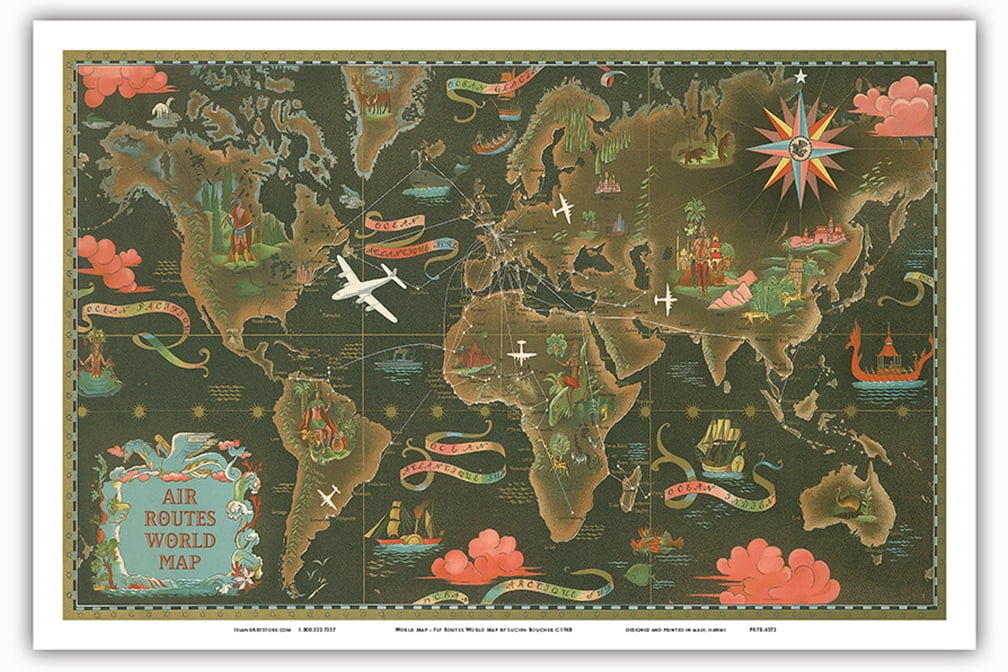 World Map - Fly Routes World Map - Planisphere - Vintage Airline Travel ...