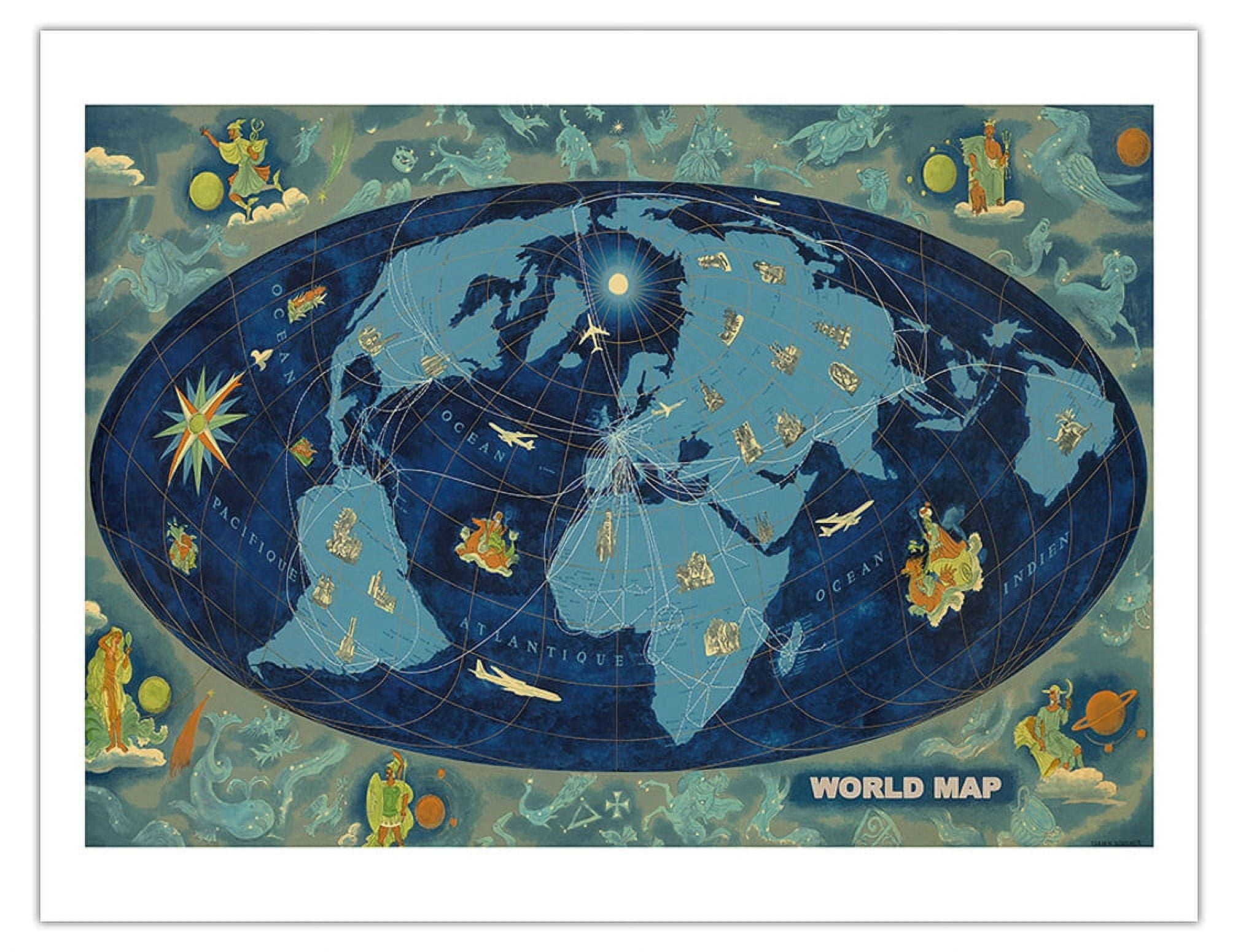 World Map - Global World Route Map - Planisphere - Vintage Airline ...