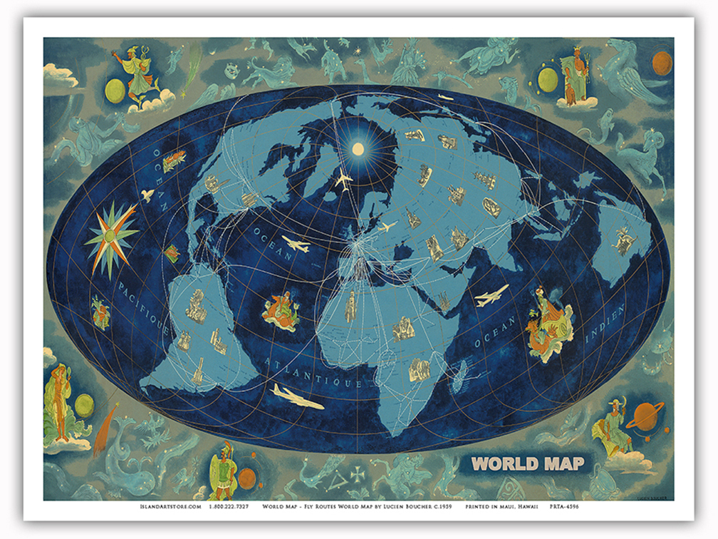 World Map - Global World Route Map - Planisphere - Vintage Airline ...