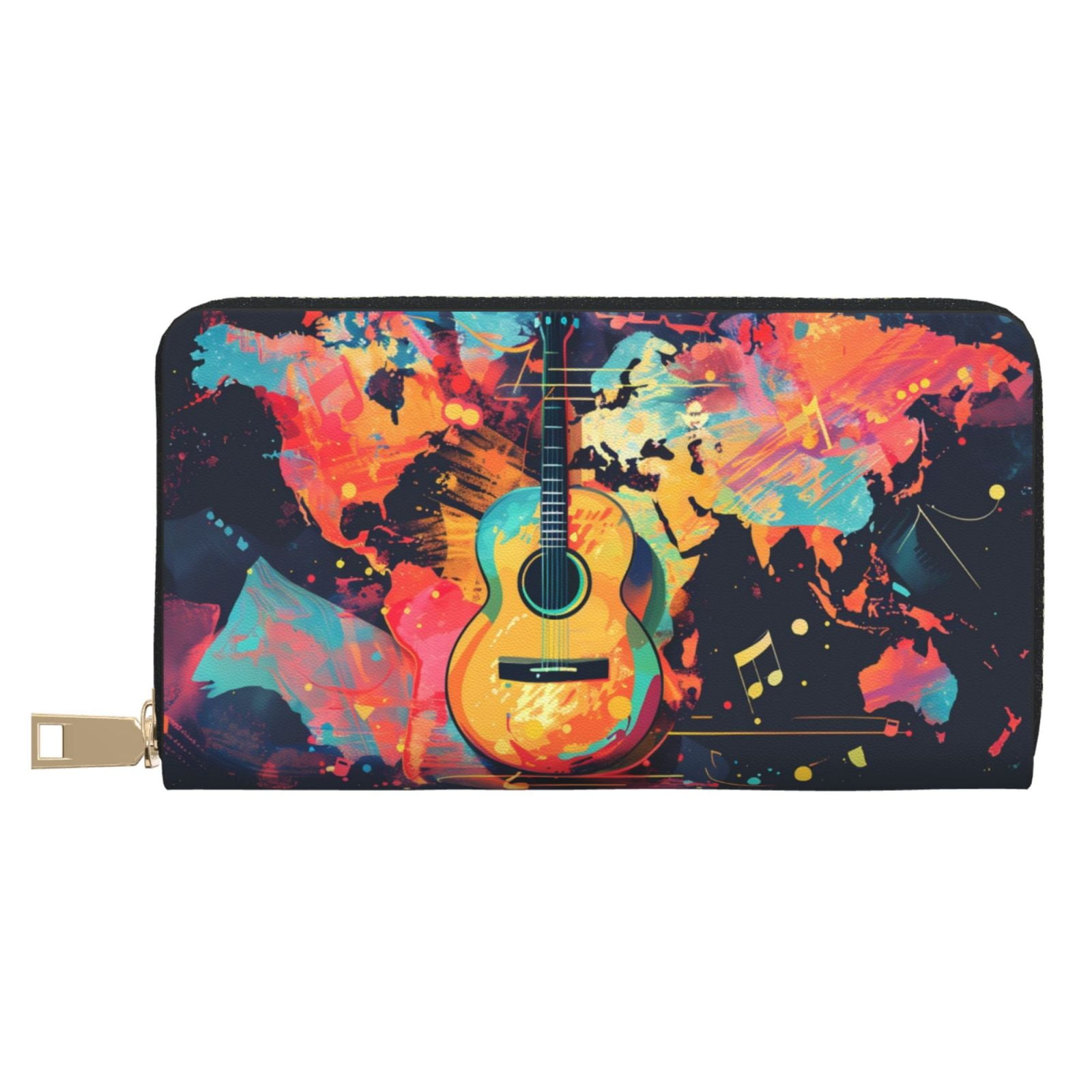 World Map Guitar Illustration Wallet Women, Leather Bifold Multi Card ...