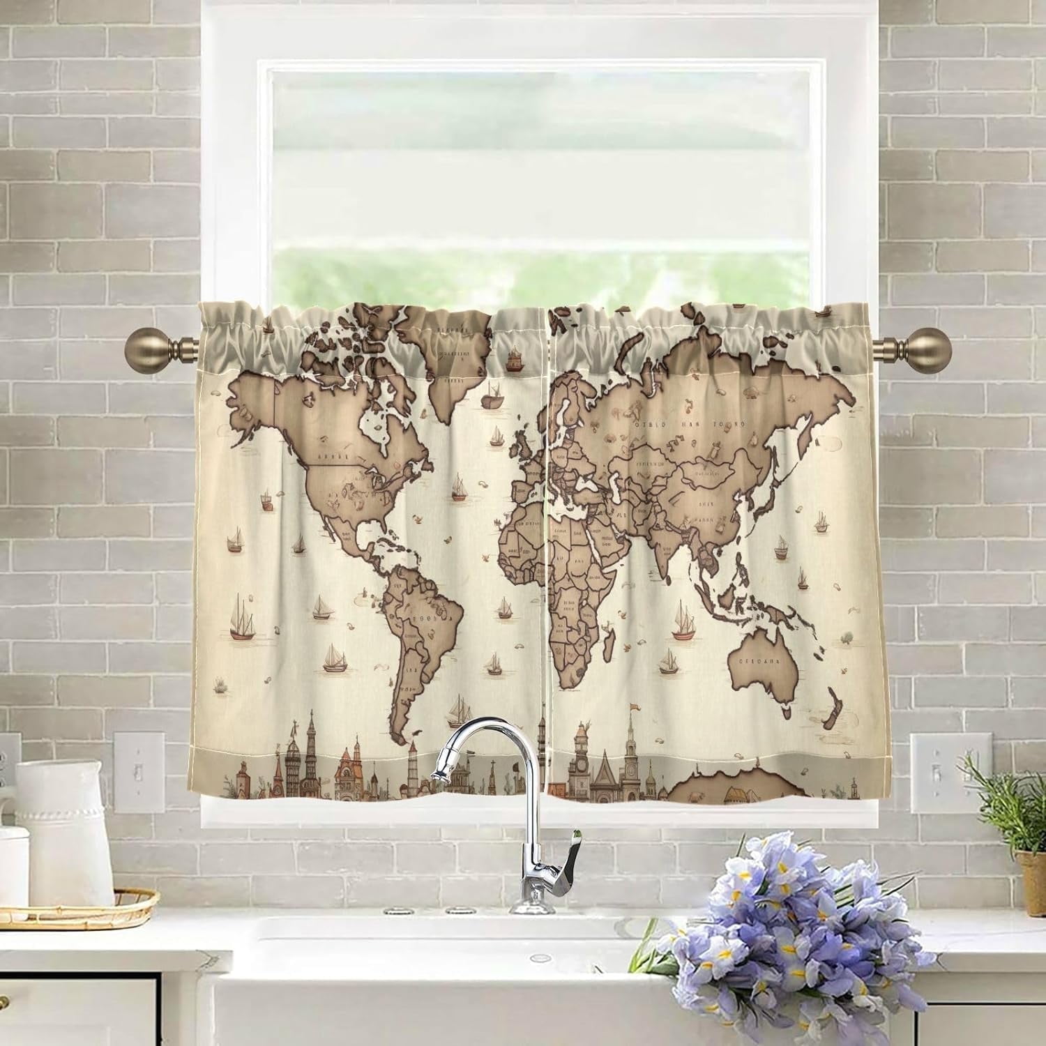 World Map Kitchen Curtains 36 Inch Length Blackout Thermal Insulating ...