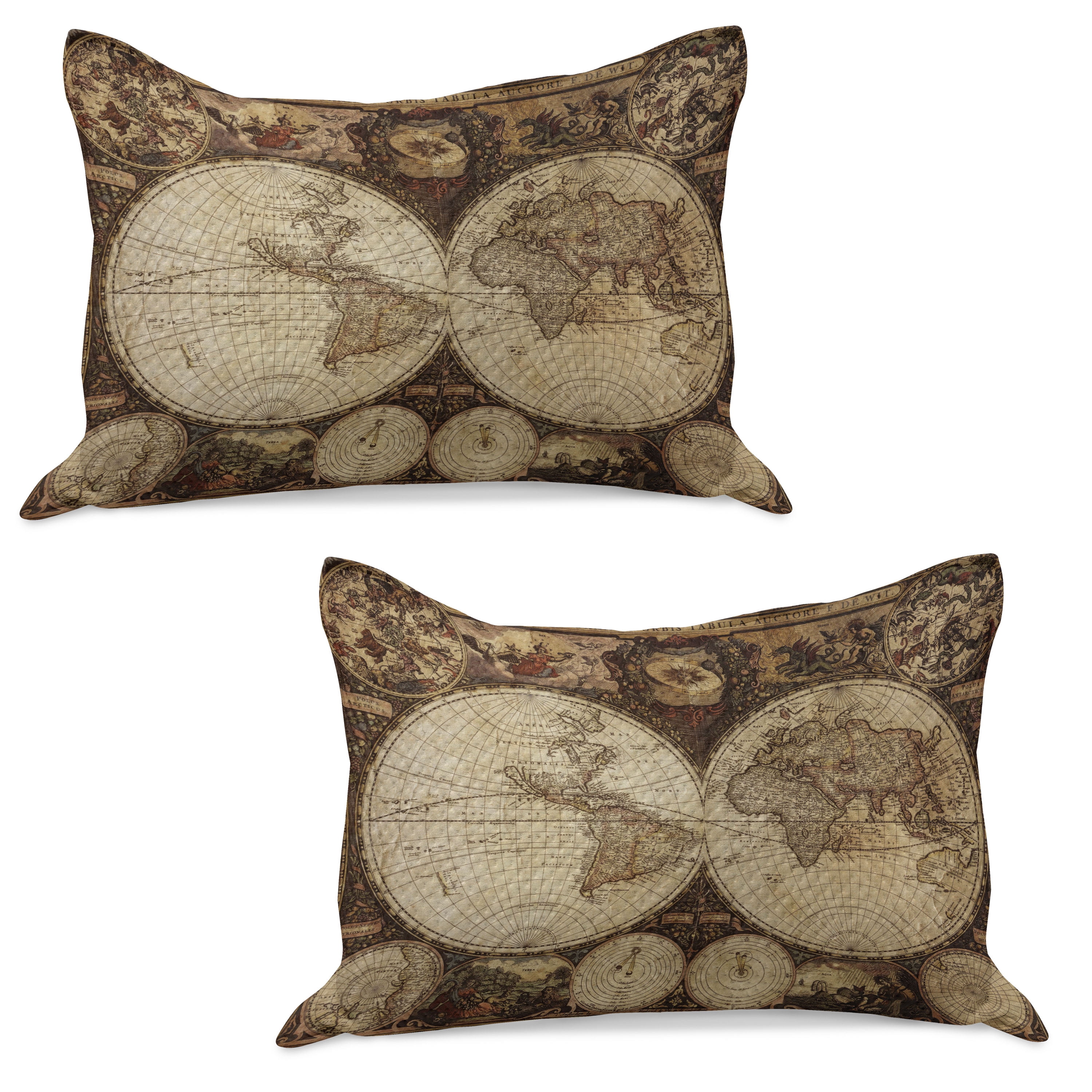 World Map Knitted Quilt Pillowcover Set of 2, Old World Map Drawn in ...