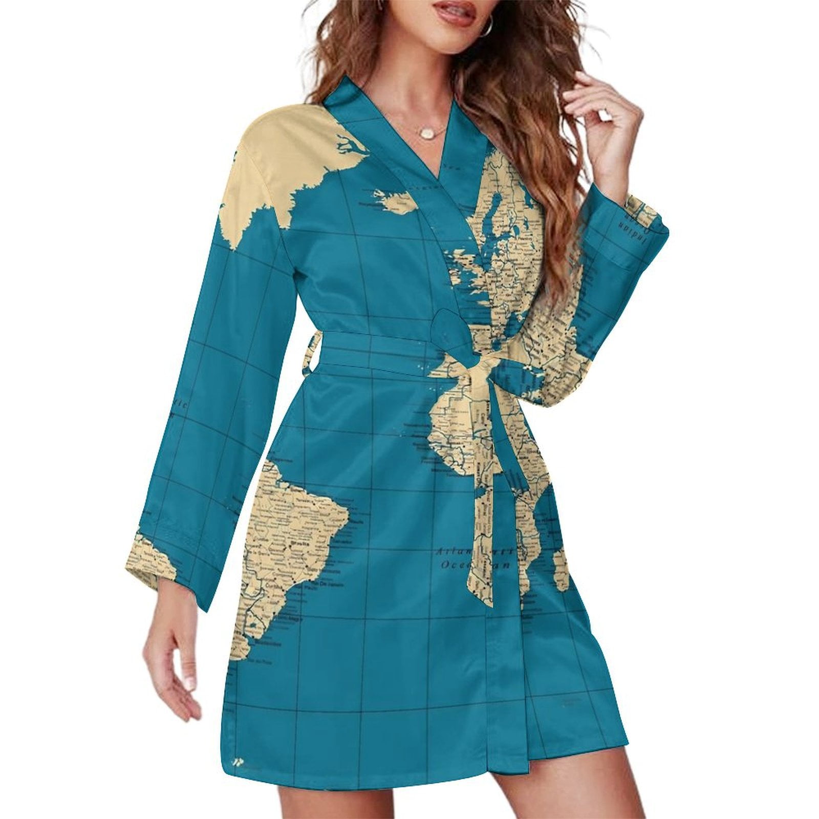 World Map Pajama Robe V Neck Vintage Map of The World 1811 Soft Dresses ...