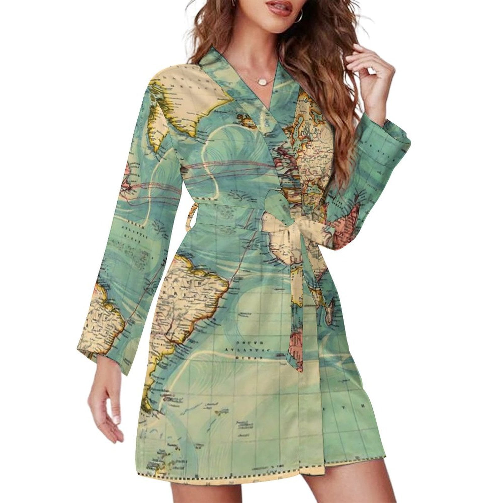 World Map Pajama Robe V Neck Vintage Map of The World 1811 Soft Dresses ...