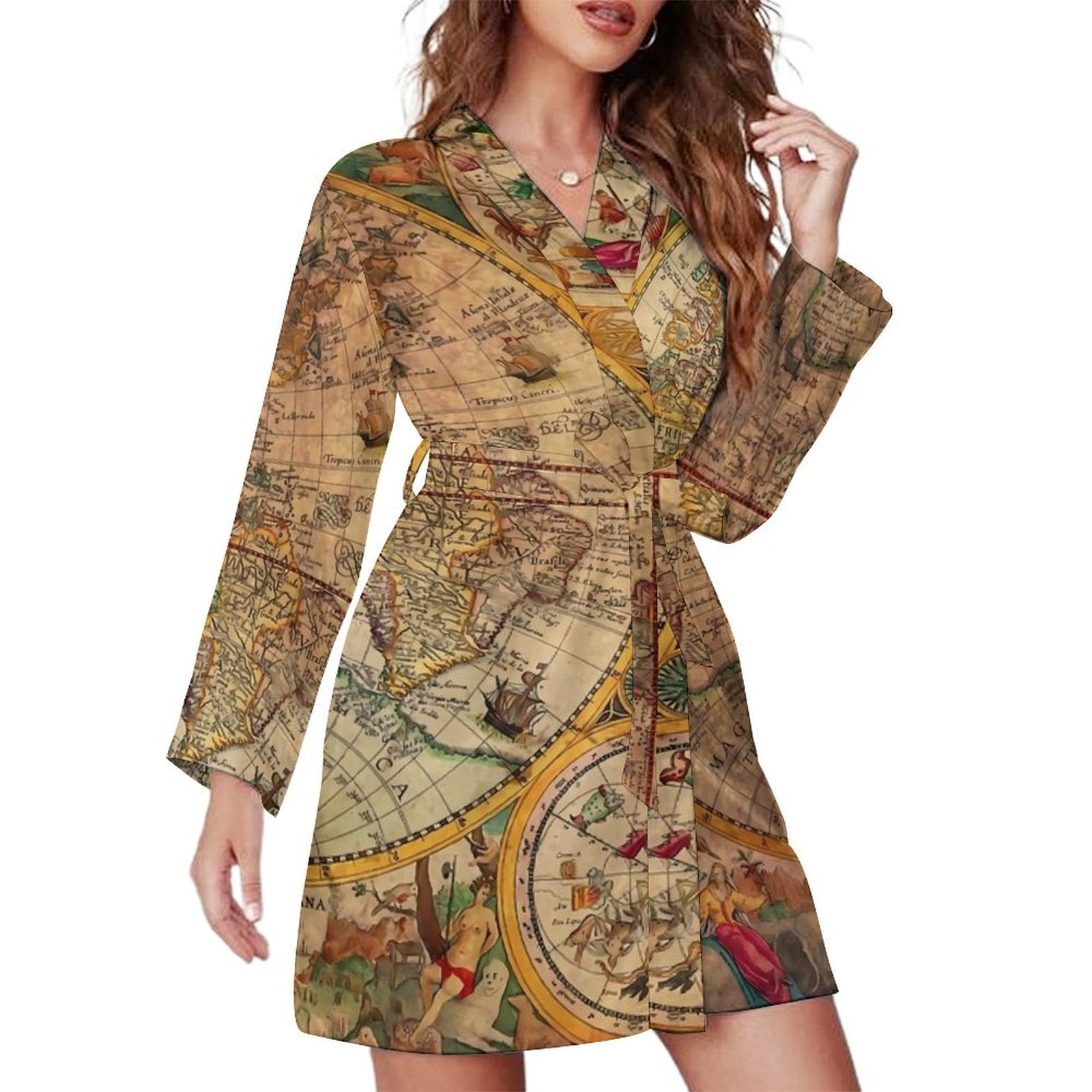 World Map Pajama Robe V Neck Vintage Map of The World 1811 Soft Dresses ...