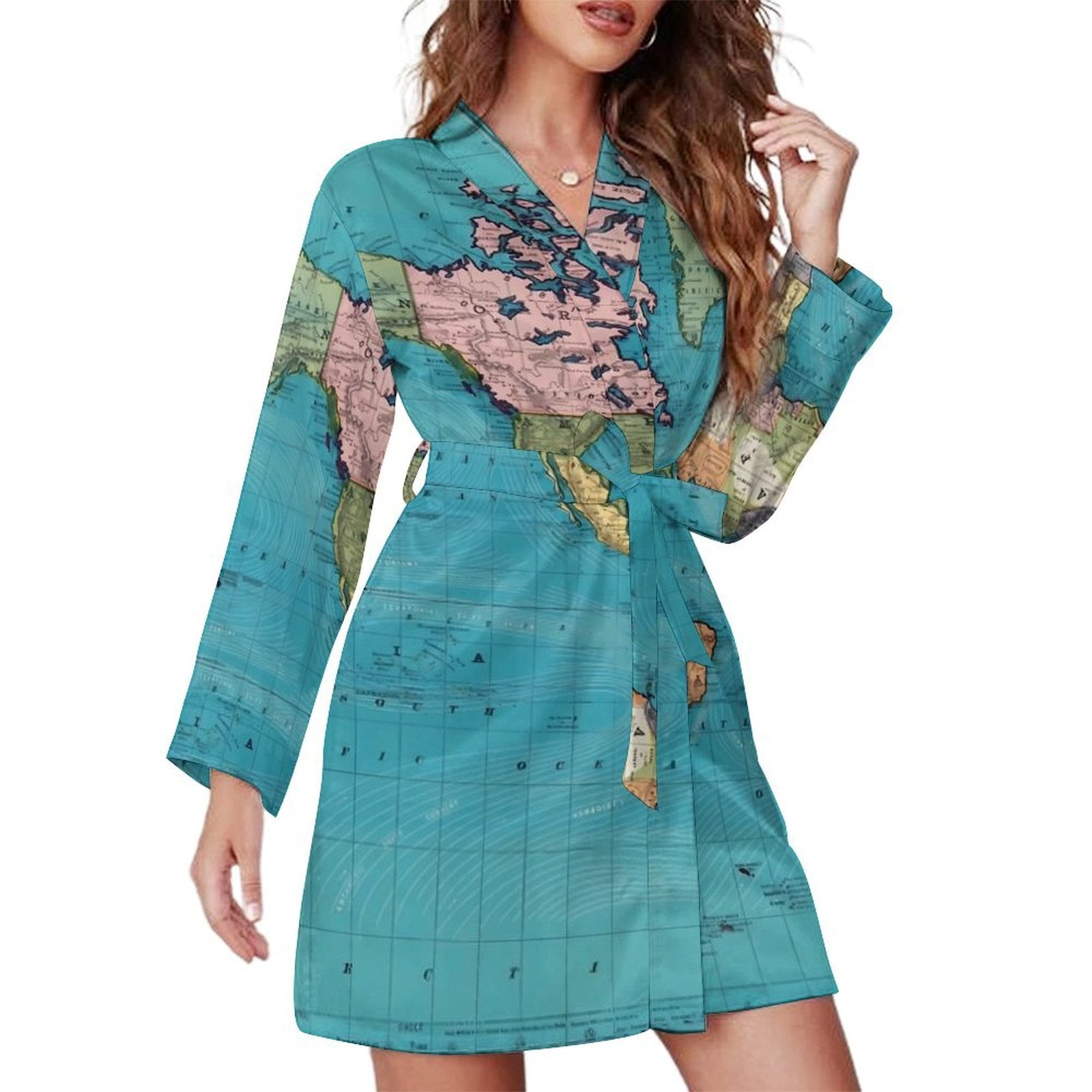 World Map Pajama Robe V Neck Vintage Map of The World 1811 Soft Dresses ...