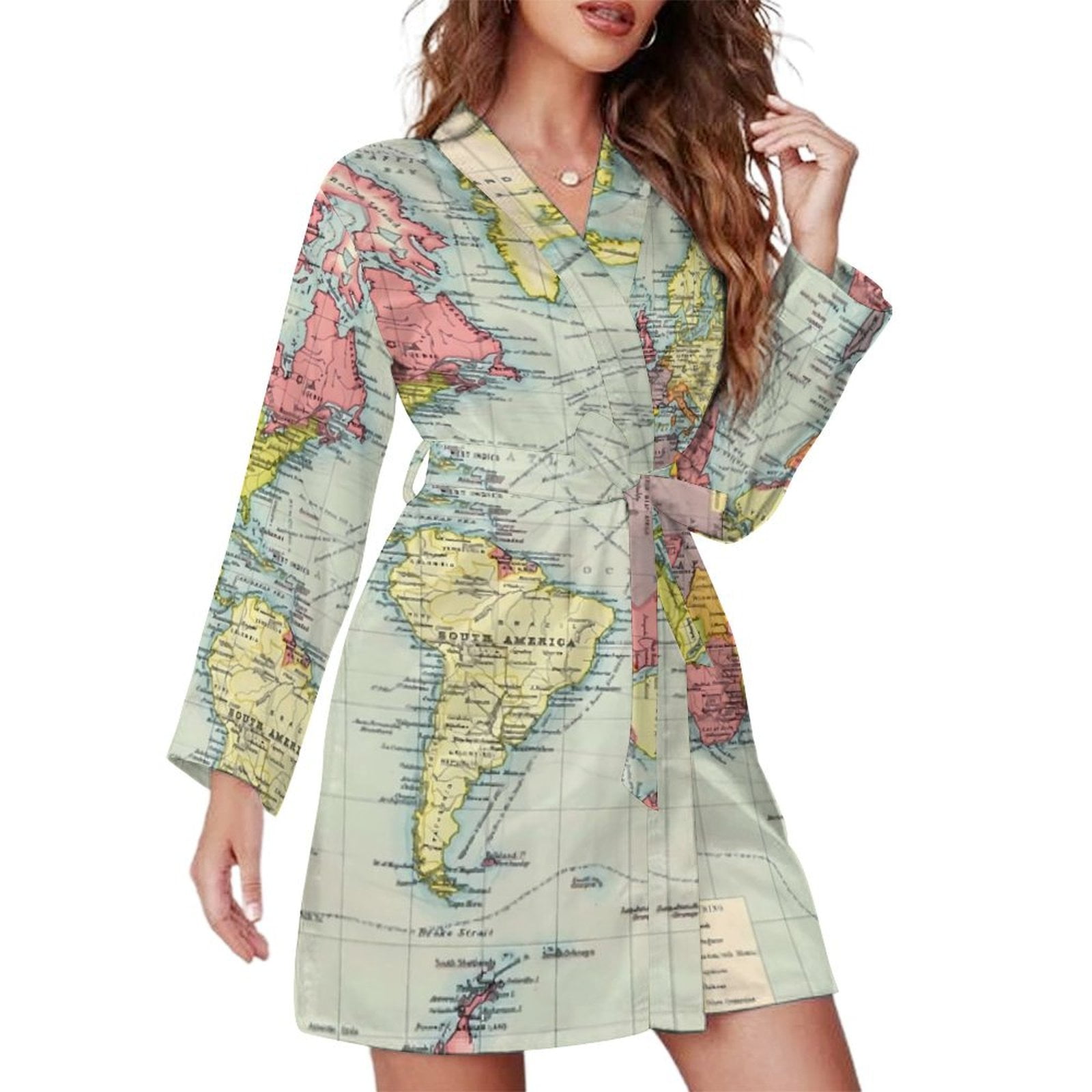 World Map Pajama Robe V Neck Vintage Map of The World 1811 Soft Dresses ...