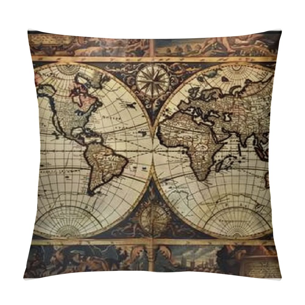 World Map Pillow Cushion Cover , Old World Map Drawn Nostalgic Style ...