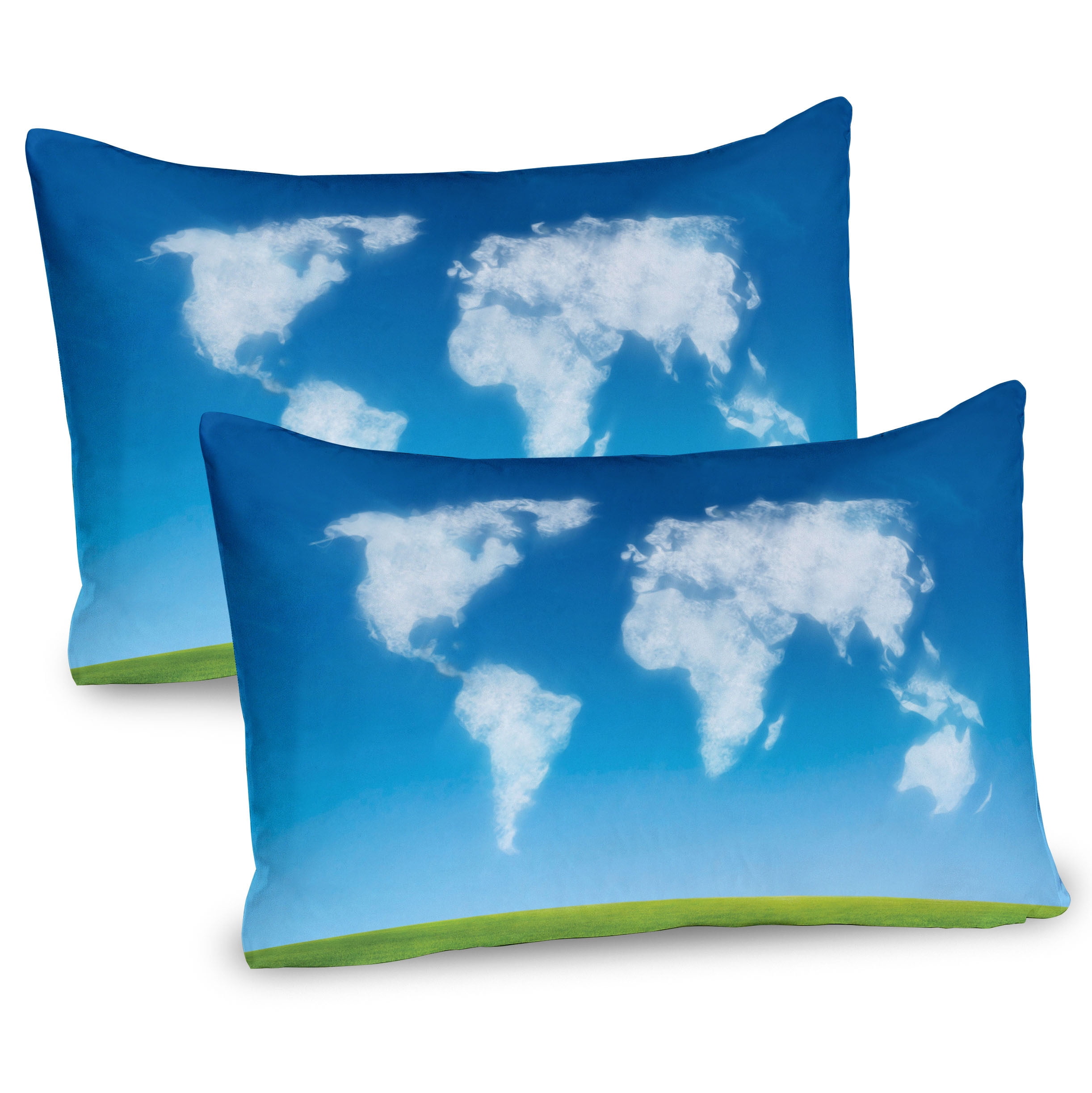 World Map Pillow Sham Set of 2, Graphic Design of Shaped Clouds in the ...