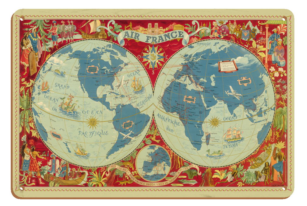 World Map Planisphere - France - Vintage Airline Travel Poster by ...