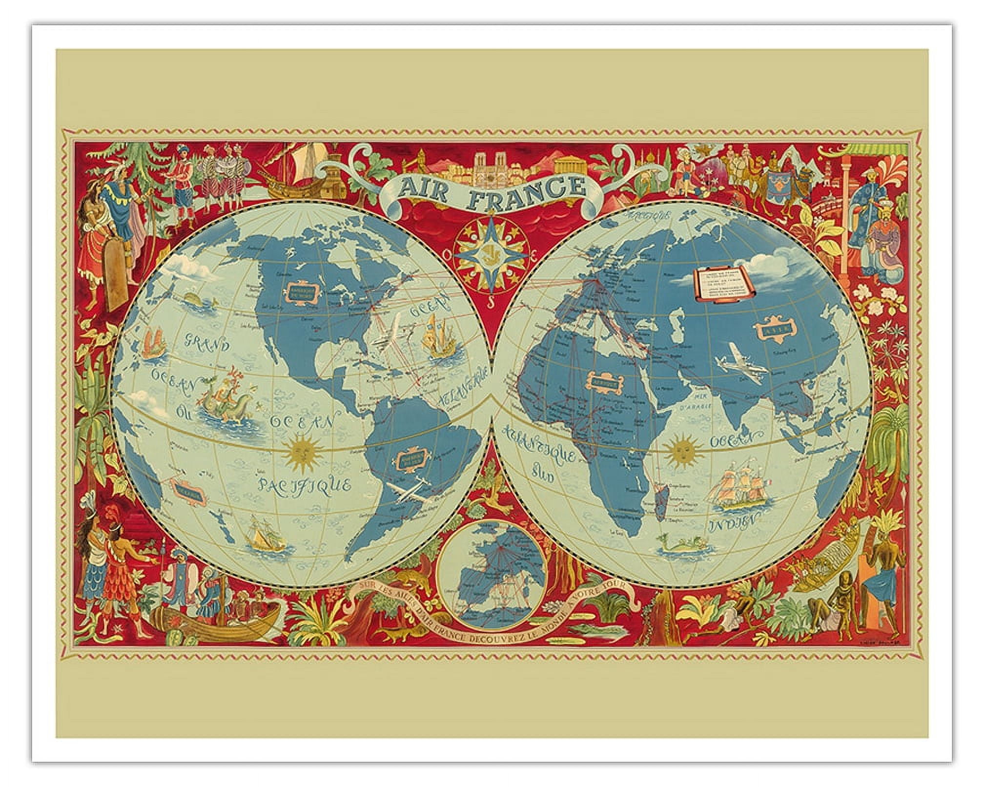 World Map Planisphere - France - Vintage Airline Travel Poster by ...