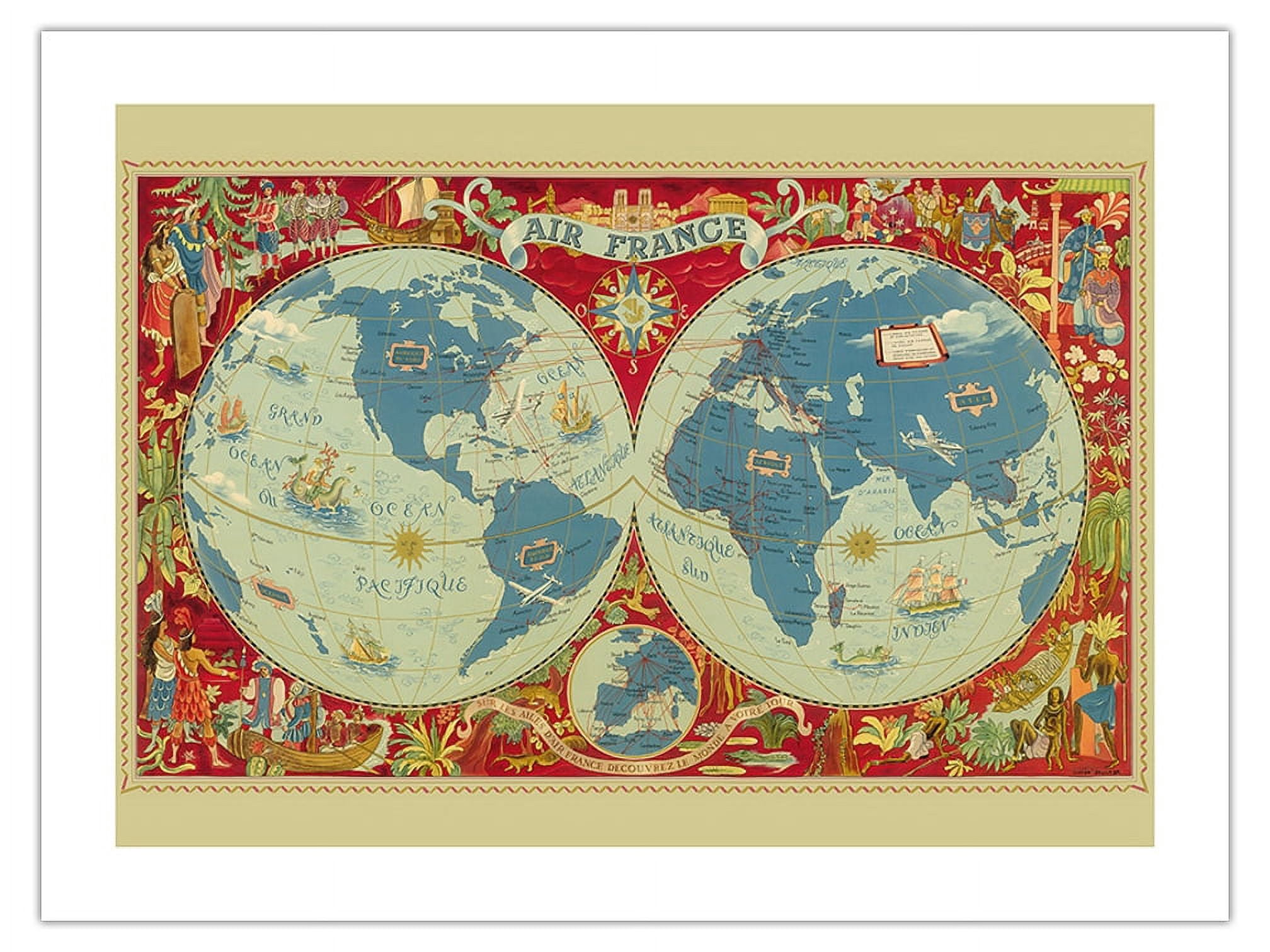 World Map Planisphere - France - Vintage Airline Travel Poster by ...