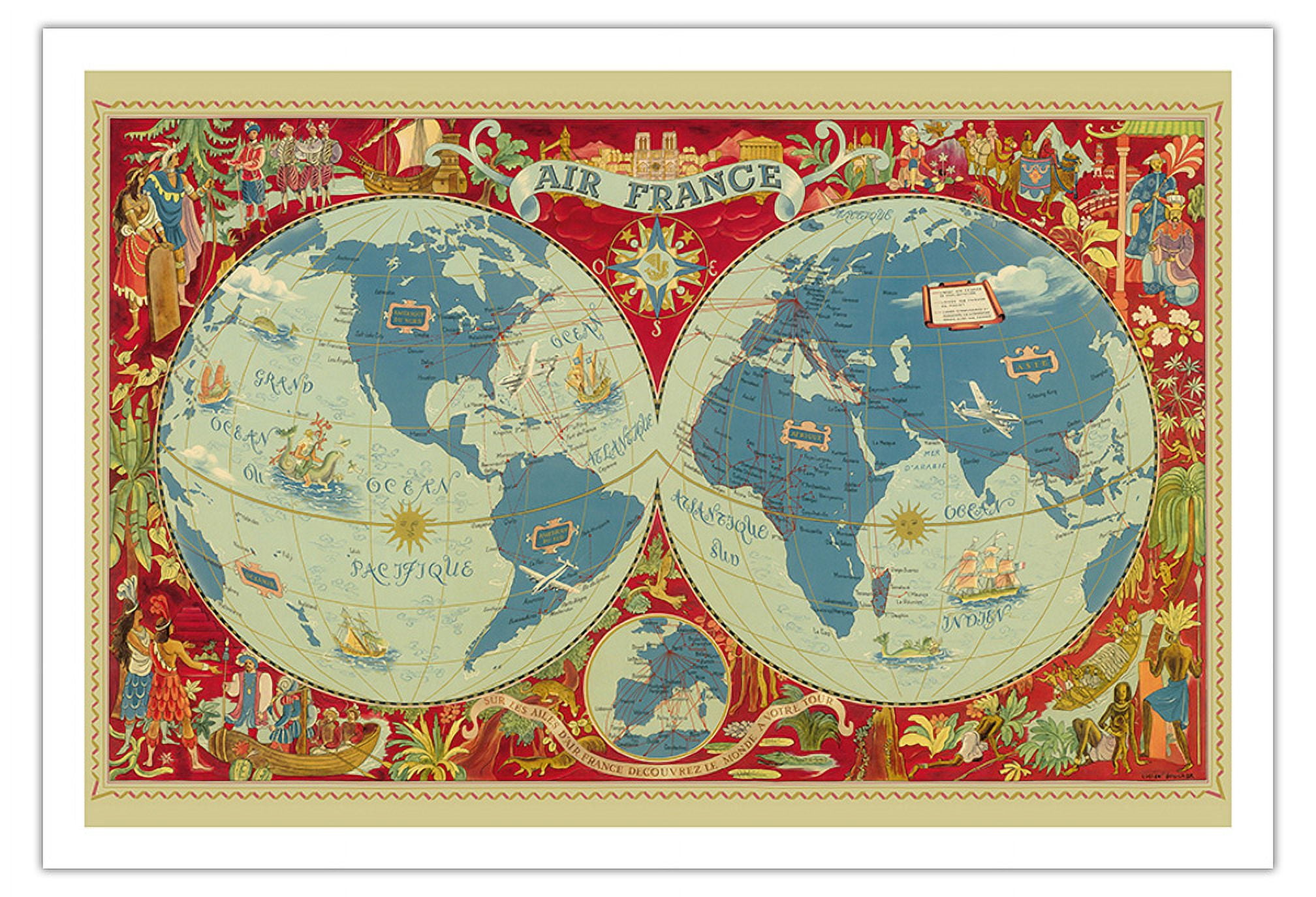 World Map Planisphere - France - Vintage Airline Travel Poster by ...