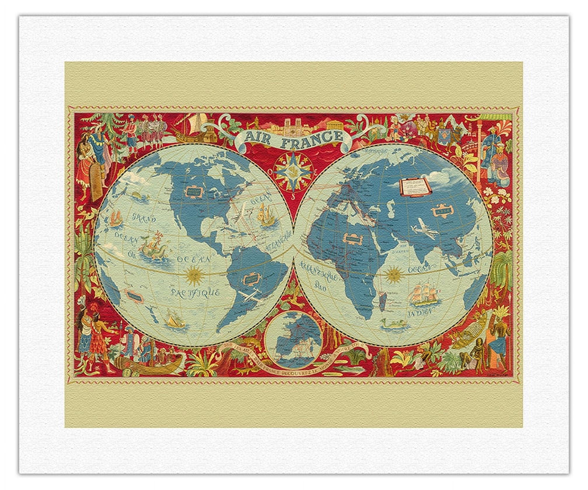 World Map Planisphere - France - Vintage Airline Travel Poster by ...