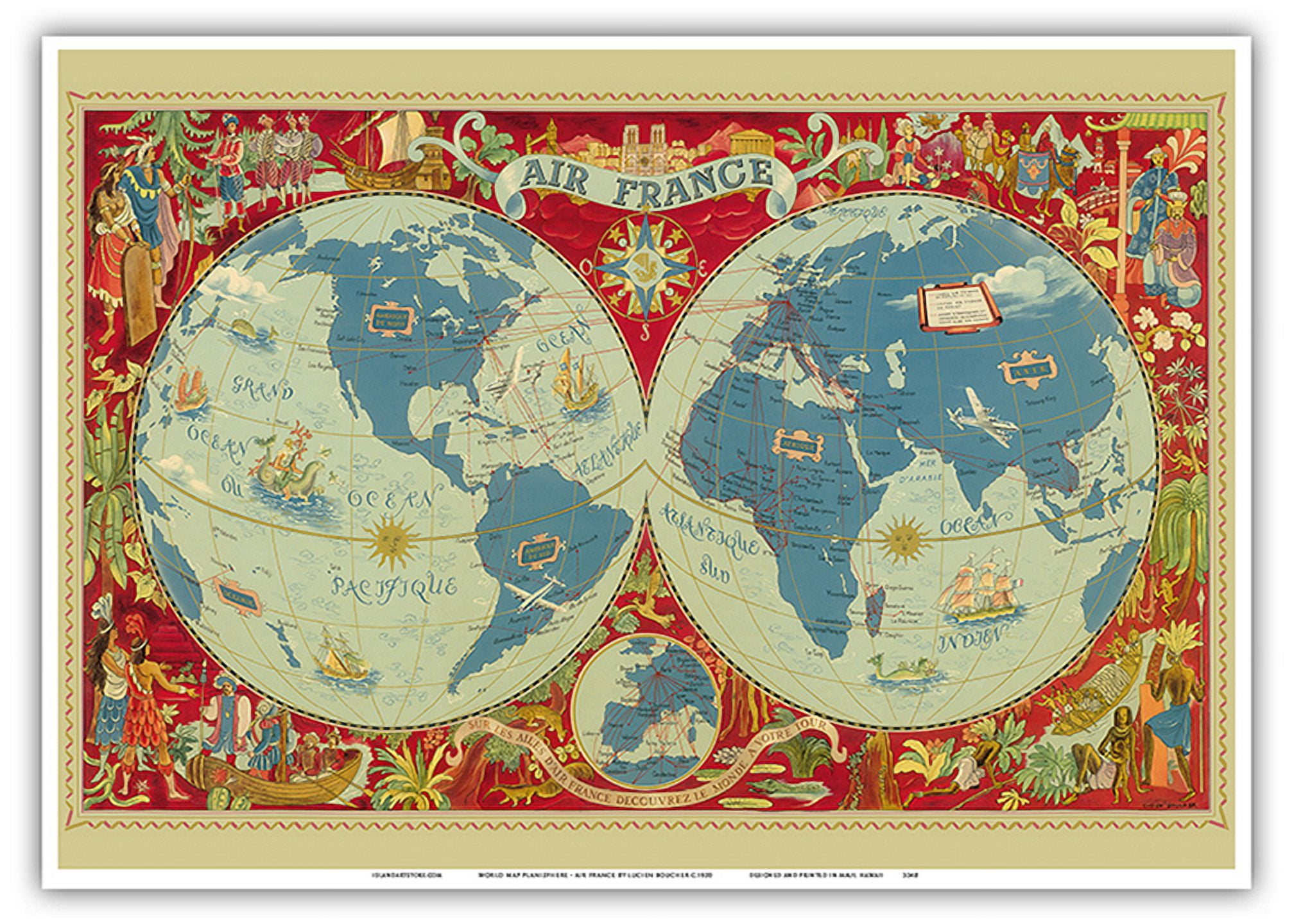 World Map Planisphere - France - Vintage Airline Travel Poster by ...