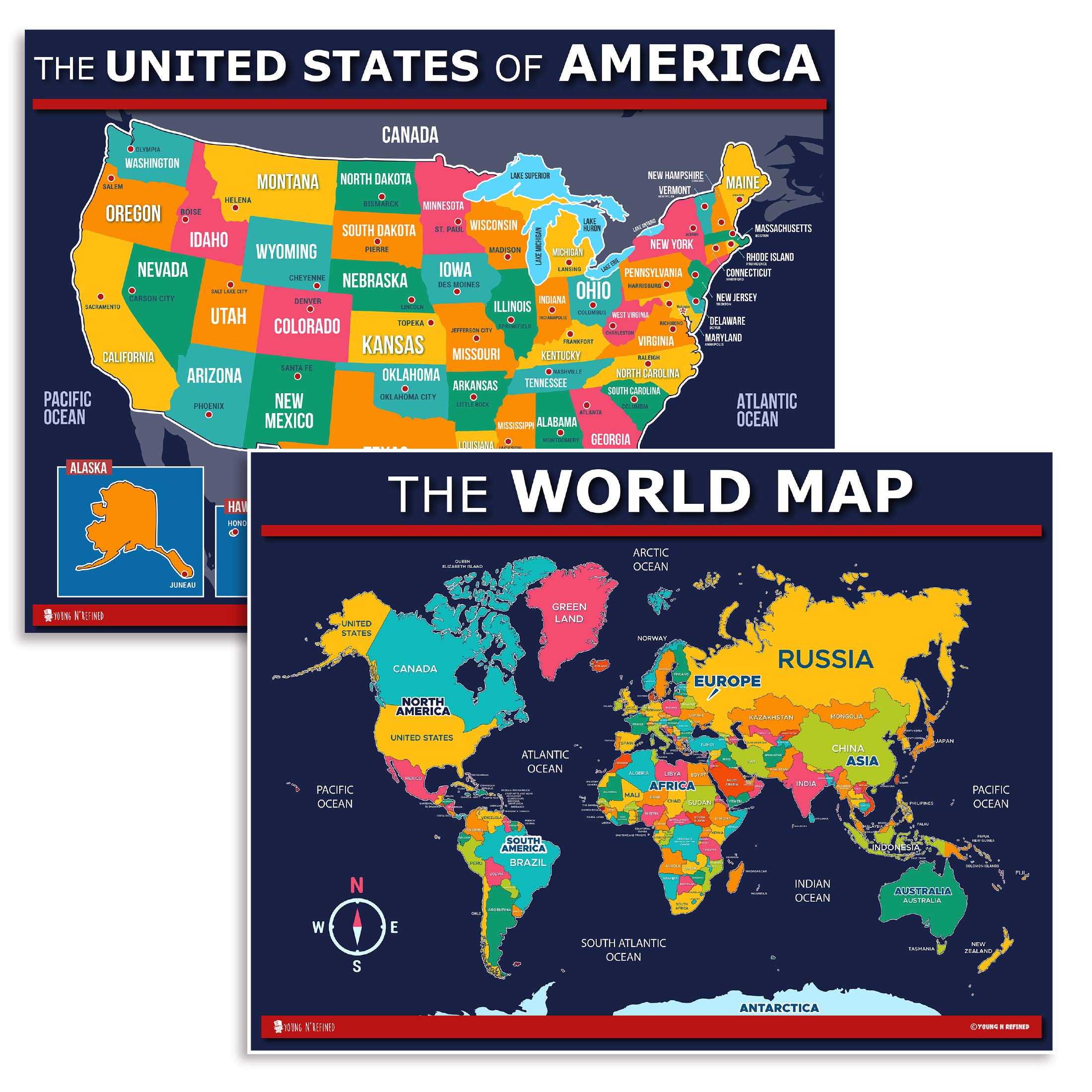 World Map Poster Set 2 Pack Laminated Large Wall Maps forClassroom Home ...