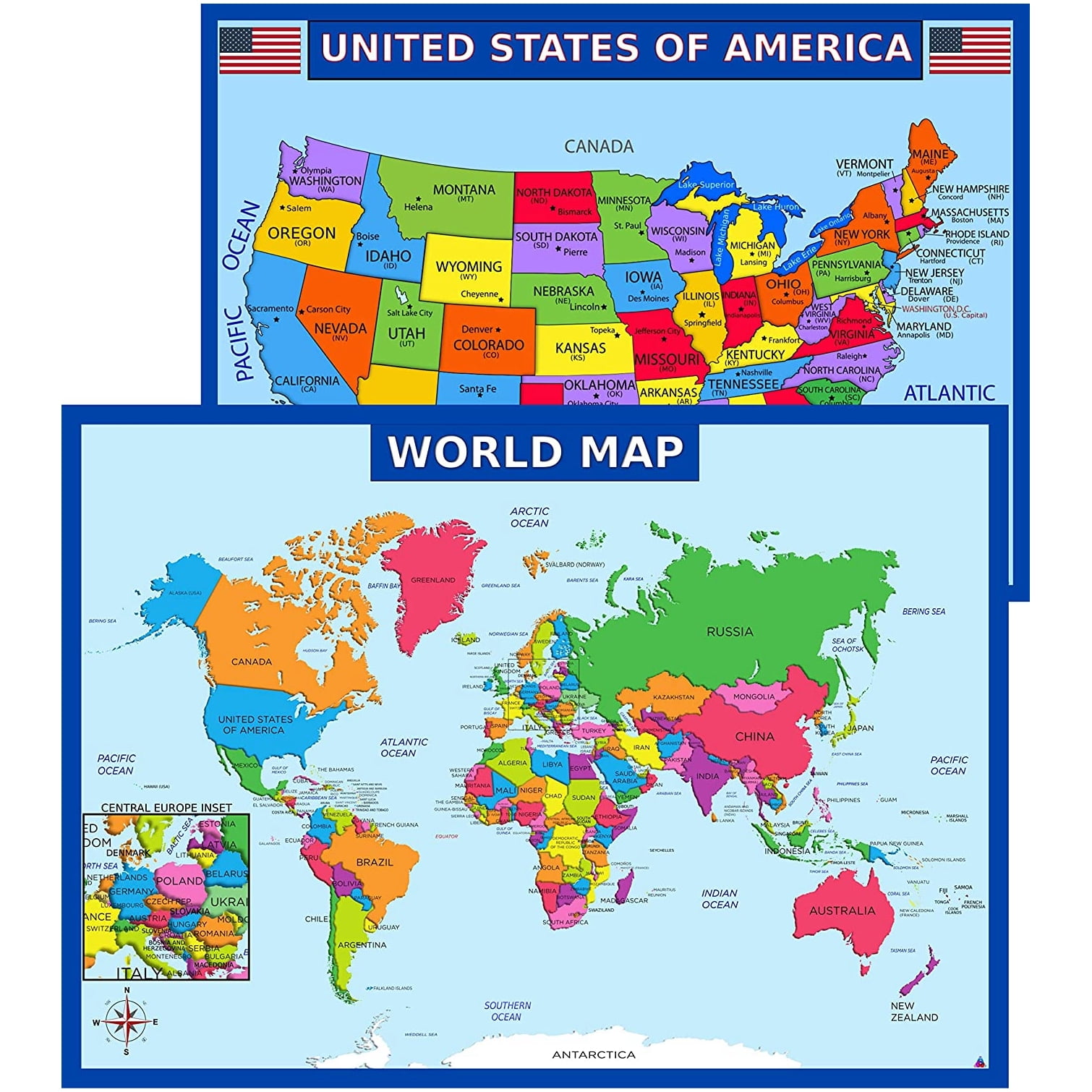 World Map Poster and USA Map with Extra Features - Laminated ...