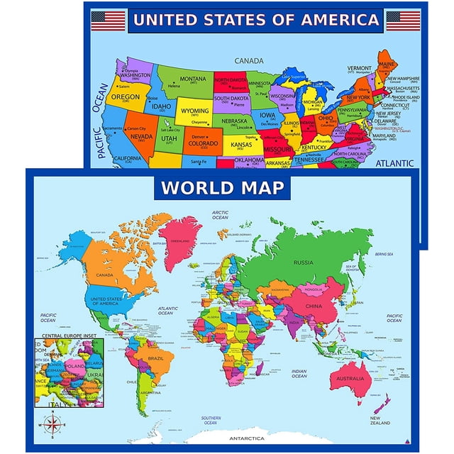 World Map Poster and USA Map with Extra Features - Laminated ...