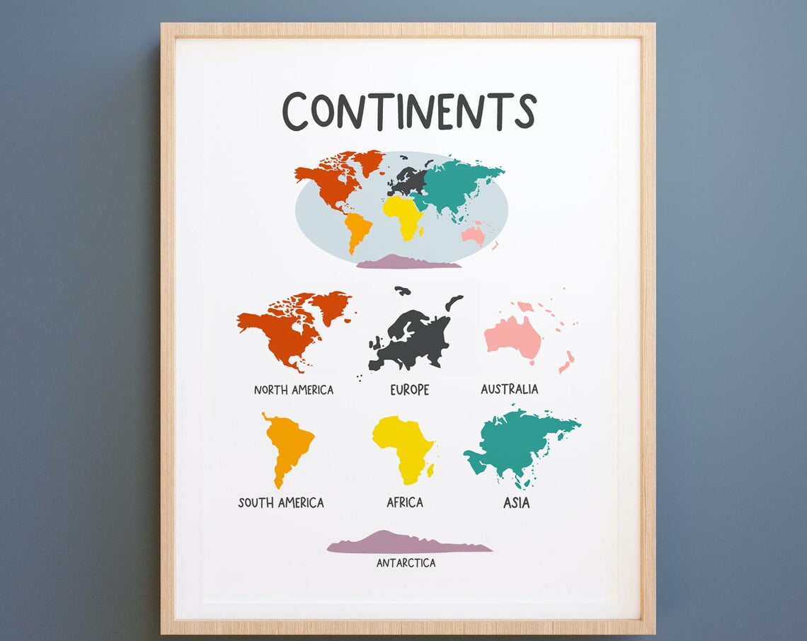 World Map Print For Kids, Continents Map Print, Homeschool Kids Decor ...