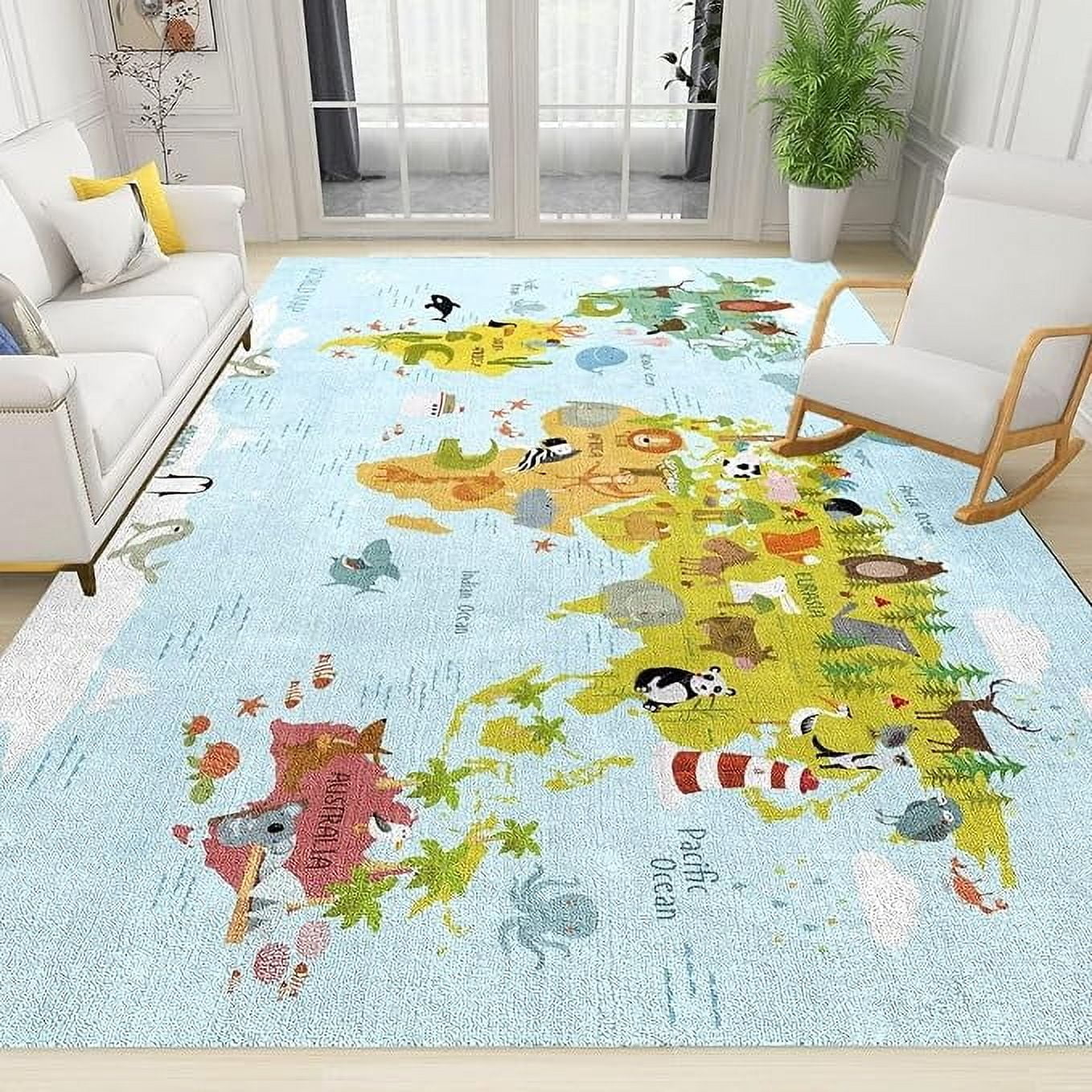 World Map Print Kids Rugs, Children Educational Indoor Decor Carpet ...