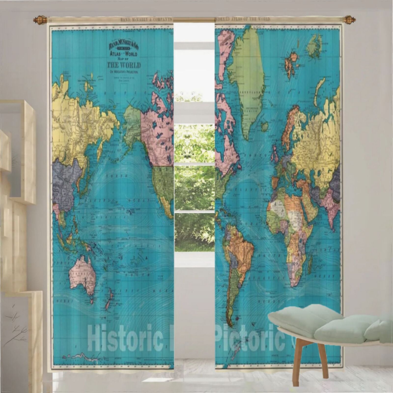 World Map Print, World Chart Tulle Curtain for Living Room Bedroom ...