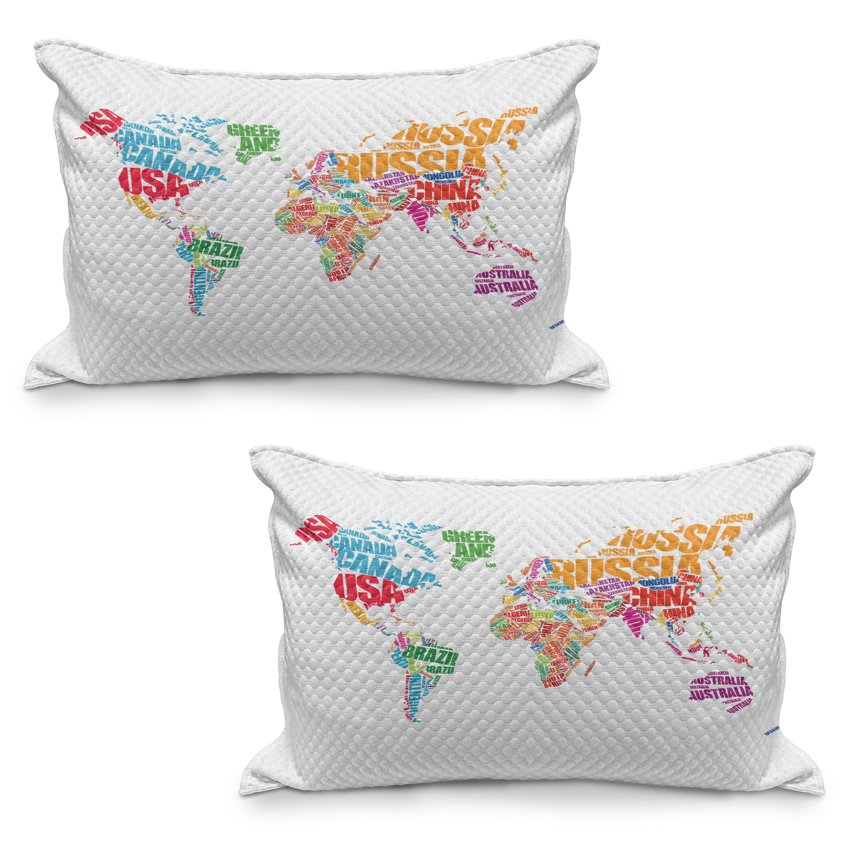 World Map Quilted Pillowcover Set of 2, Atlas Theme Names of the ...