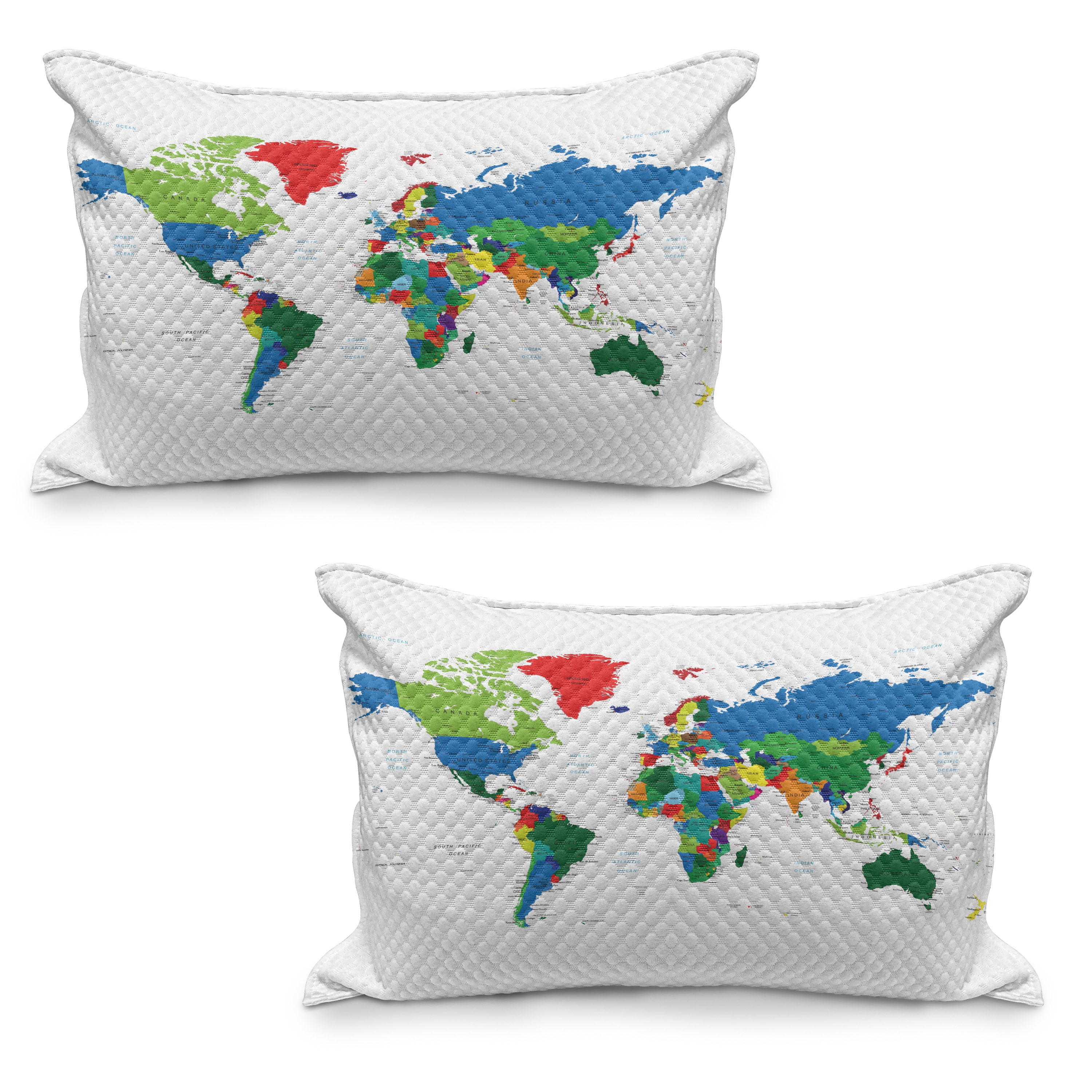 World Map Quilted Pillowcover Set of 2, Colorful Political Map Borders ...