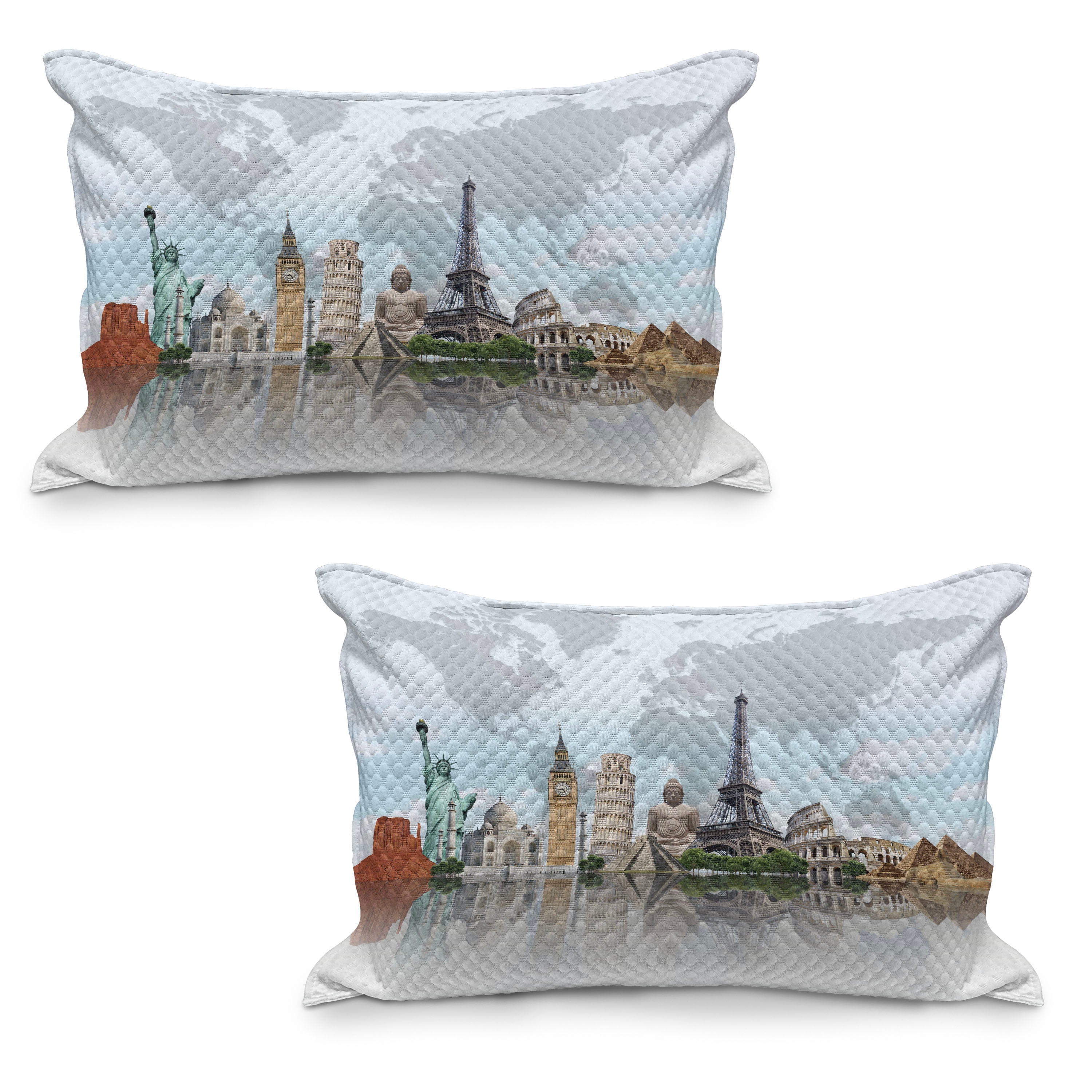 World Map Quilted Pillowcover Set of 2, Landmarks All over Globe Eiffel ...