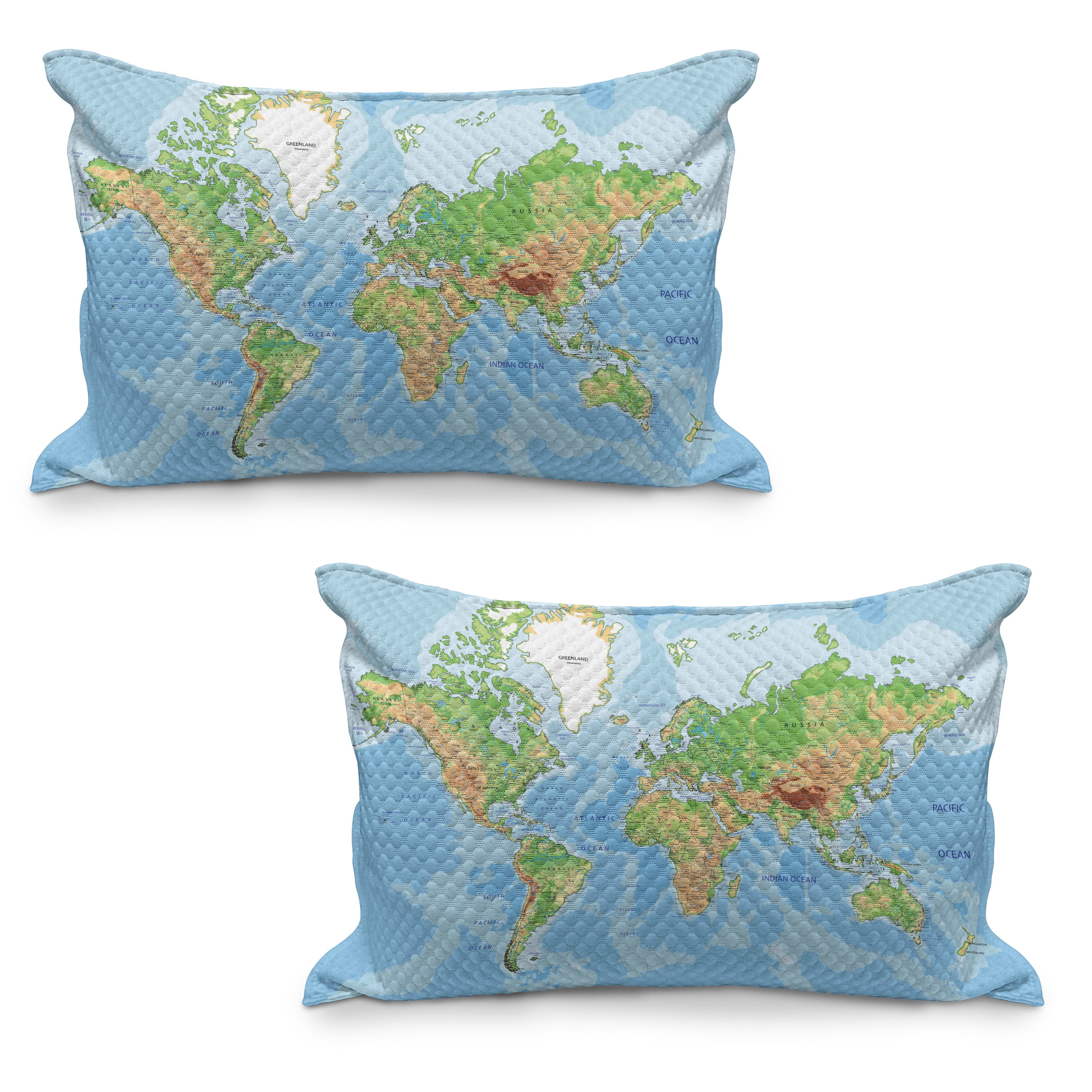 World Map Quilted Pillowcover Set of 2, Topographic Map of the World ...