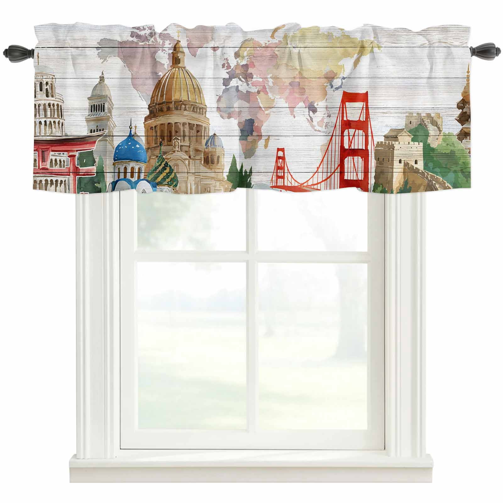World Map Rod Pocket Curtain Valance, Country Famous Building Tourism ...