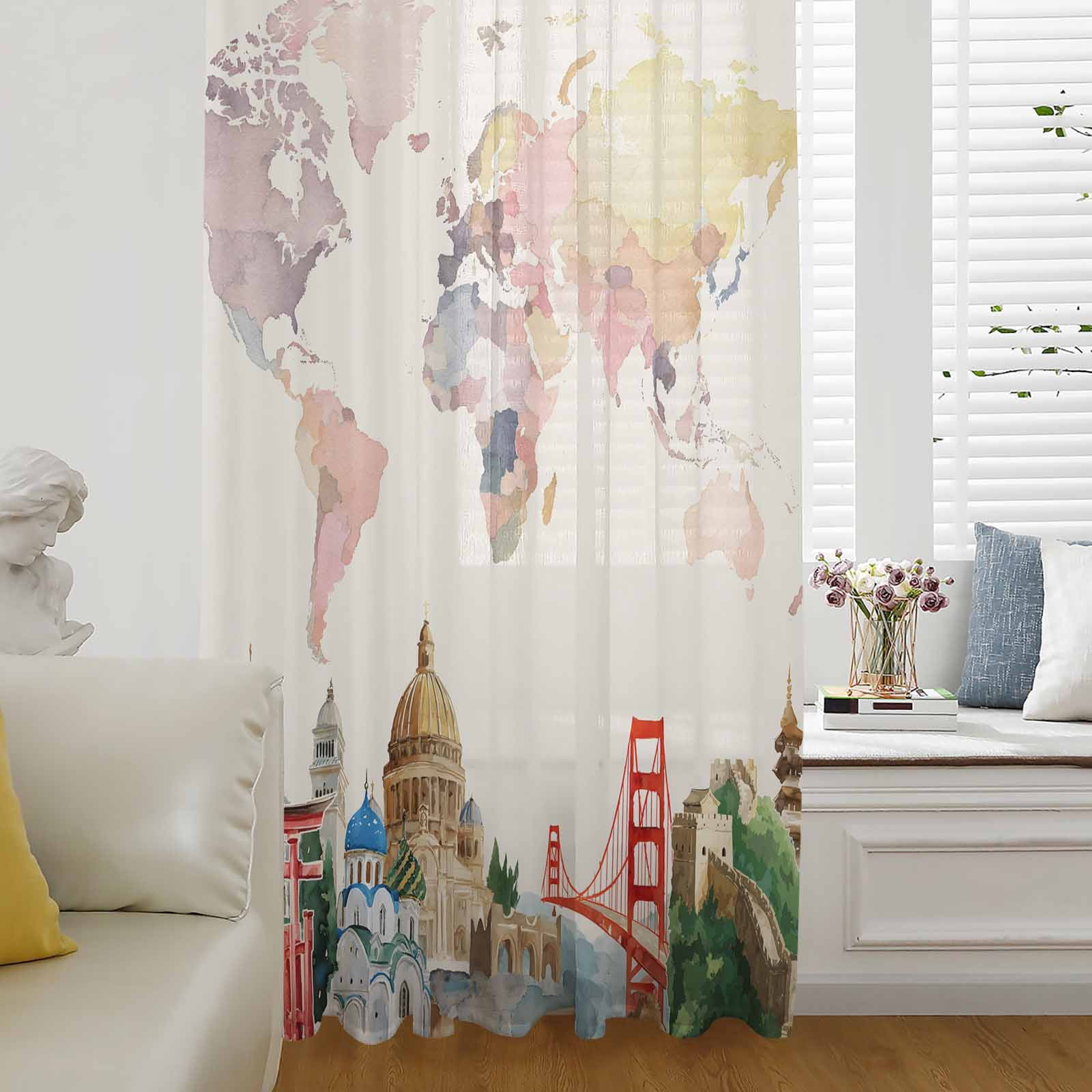 World Map Semi Sheer Curtains Drapes for Living Room, Bedroom, French ...