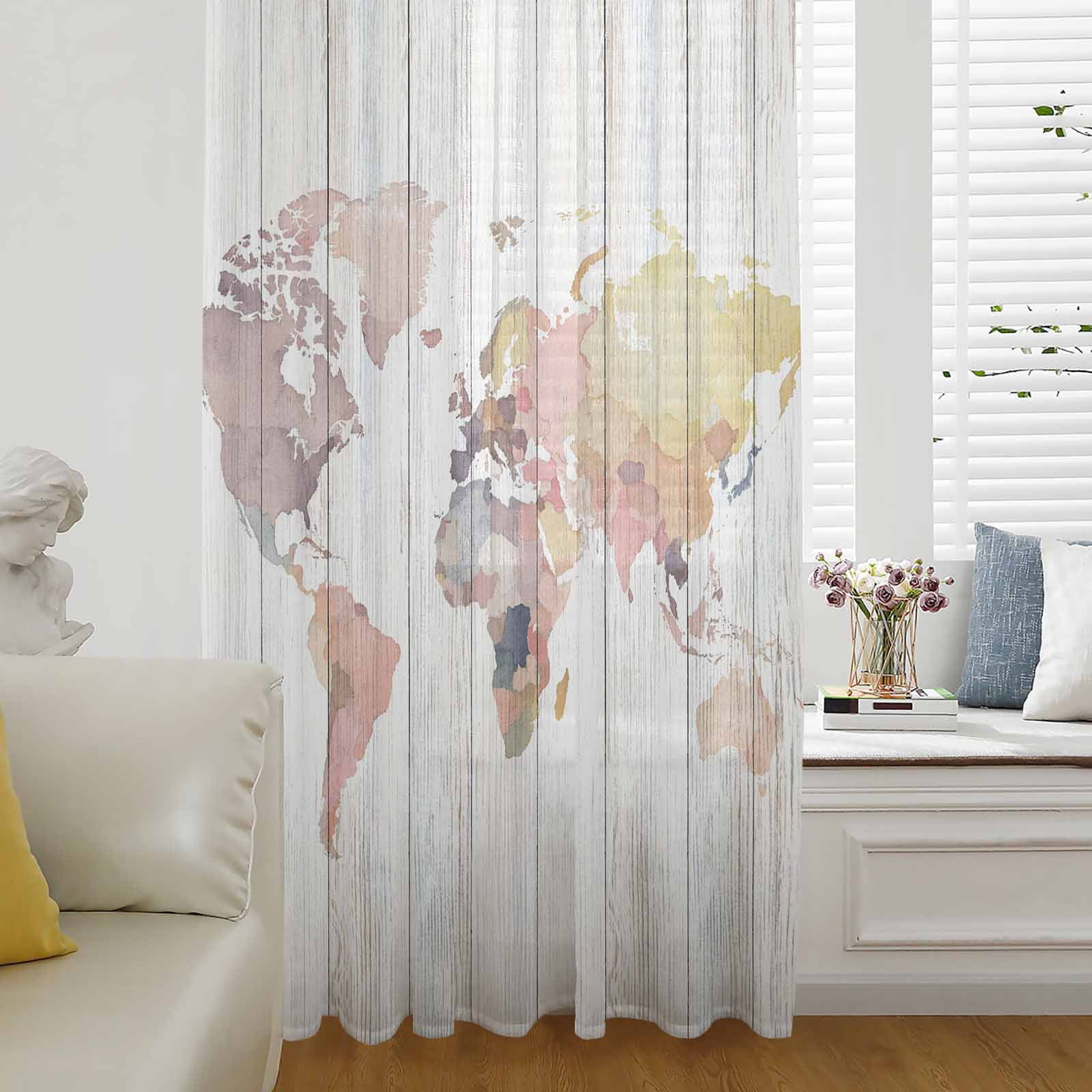 World Map Semi Sheer Curtains Drapes for Living Room,Bedroom,French ...