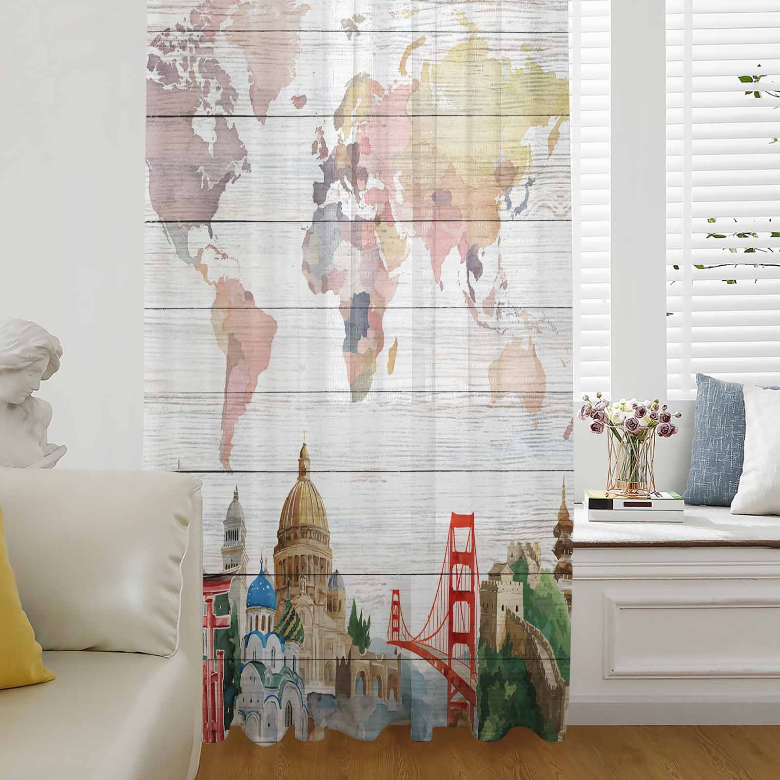 World Map Semi Sheer Curtains Drapes for Living Room,Bedroom,French ...