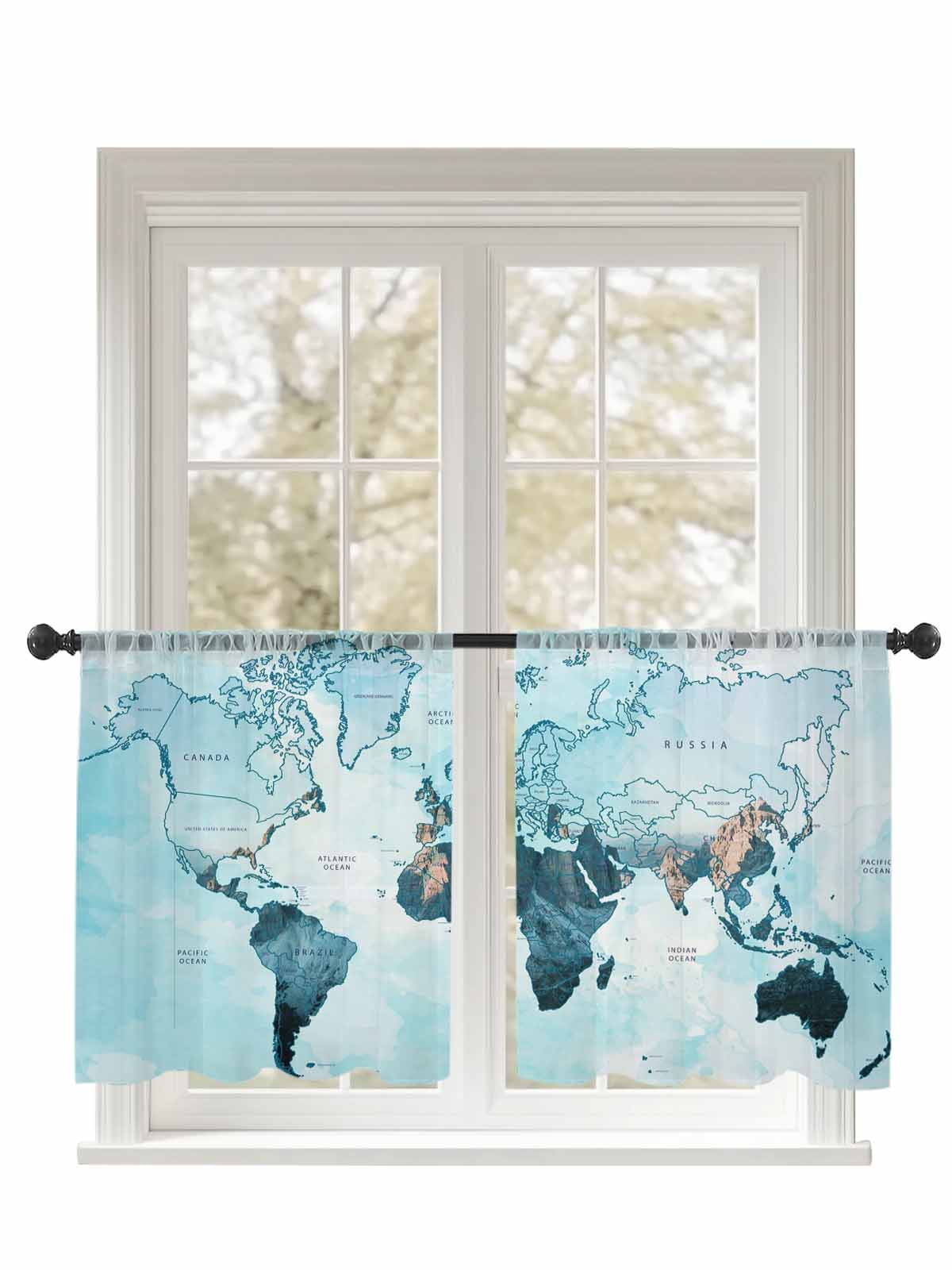 World Map Sheer Curtains 2 Panels Set Blue Map Abstract Lihgt Filtering ...