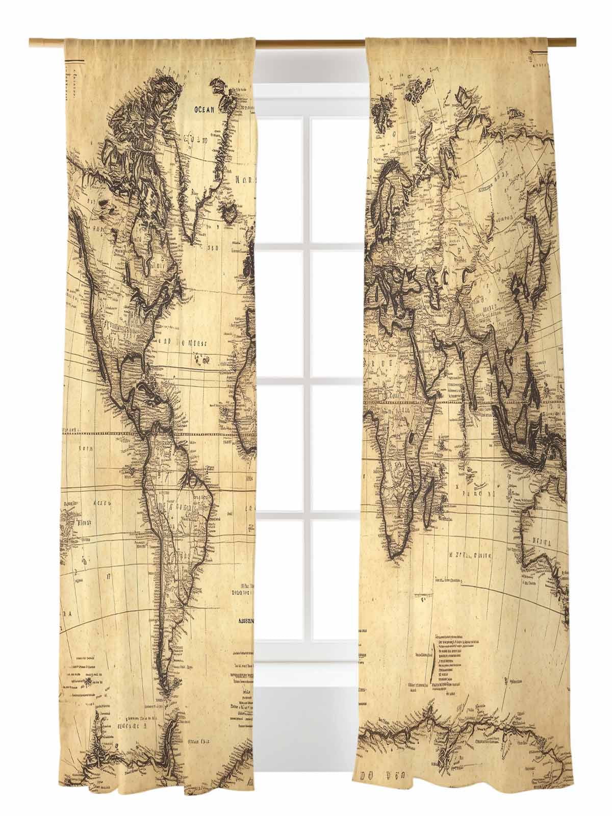 World Map Sheer Curtains 2 Panels Set Retro Yellow Plate Line Abstract ...