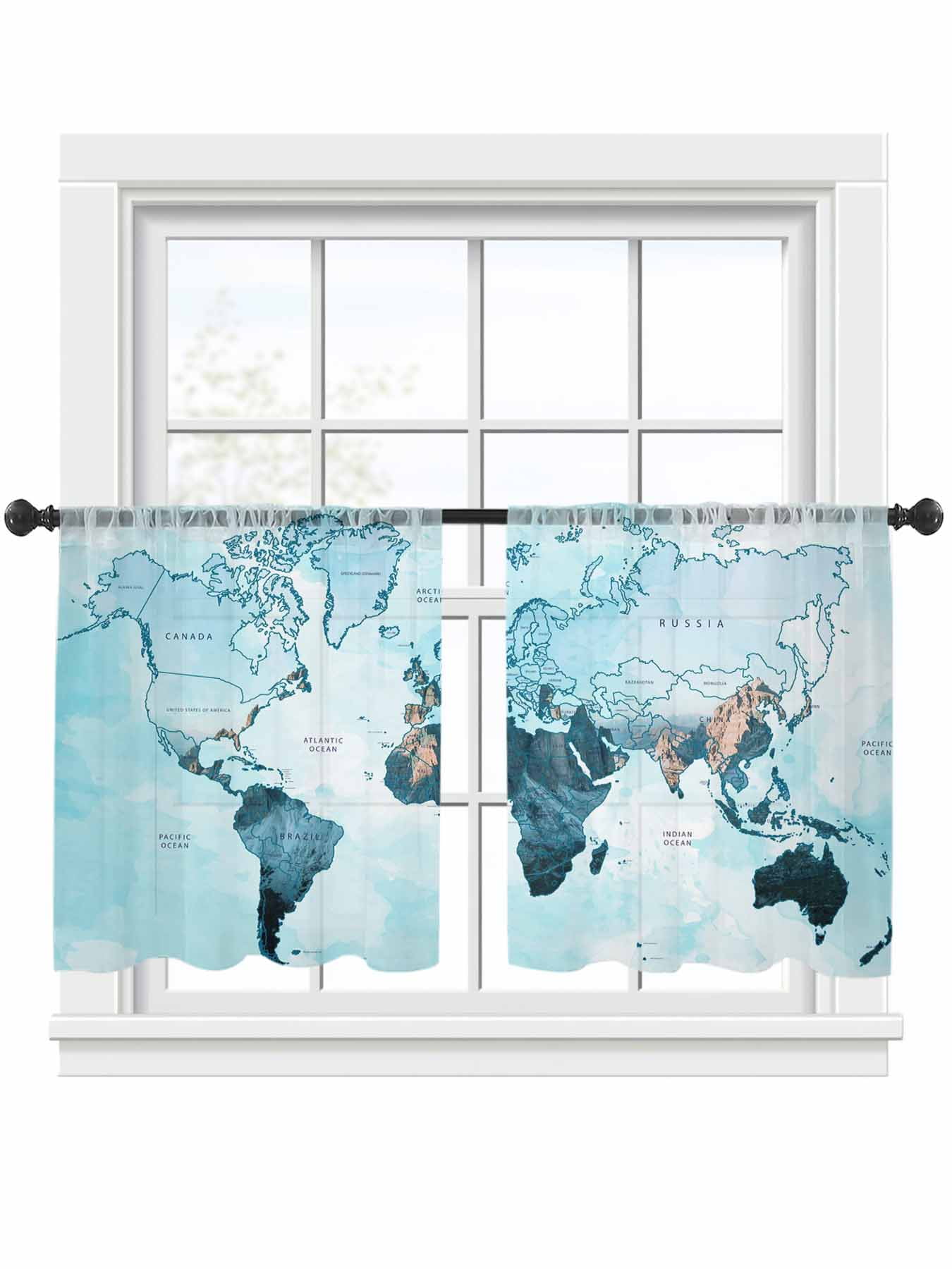 World Map Sheer Curtains 45 Inch Long 2 Panels, Blue Map Abstract Light ...