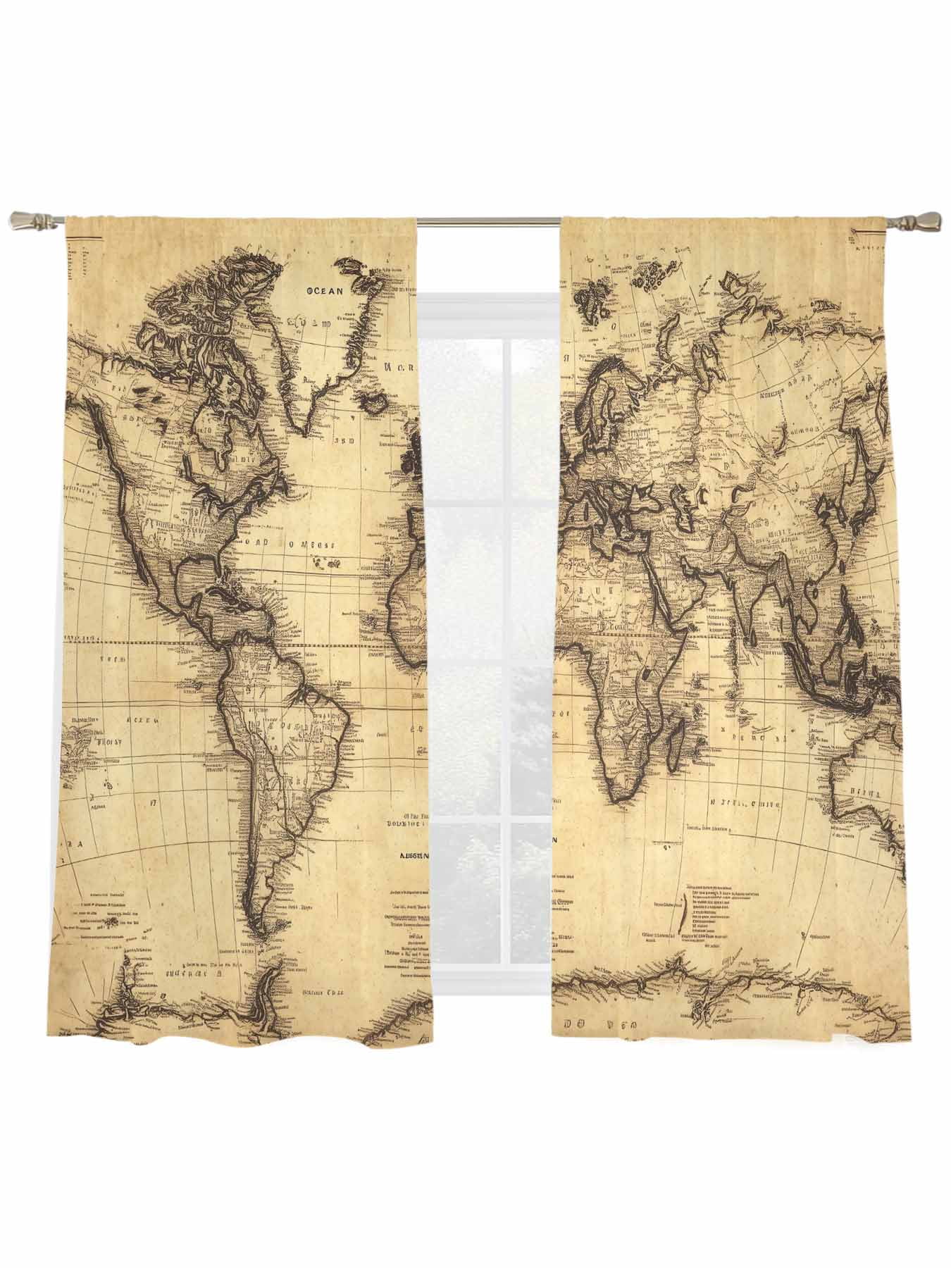 World Map Sheer Curtains 63 Inch Long 2 Panels, Retro Yellow Plate Line ...